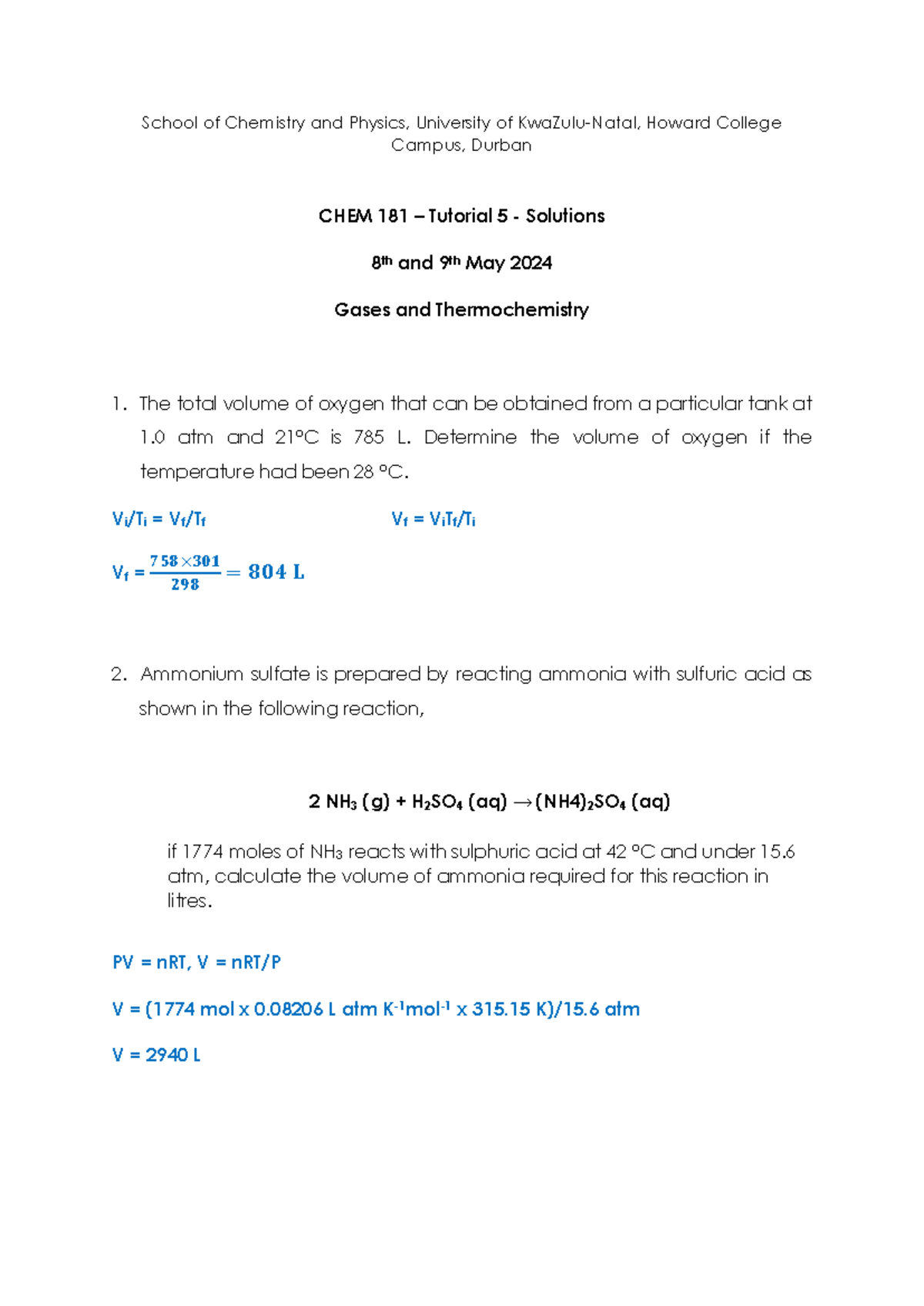 Tutorial 5 solutions - School of Chemistry and Physics, University of ...
