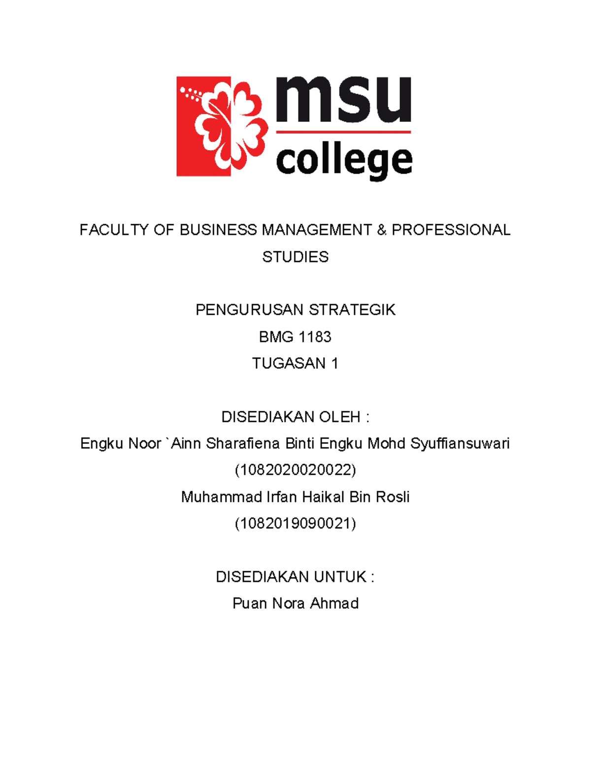 Report ass1 bmg1183 - Grade: b+ - FACULTY OF BUSINESS MANAGEMENT ...