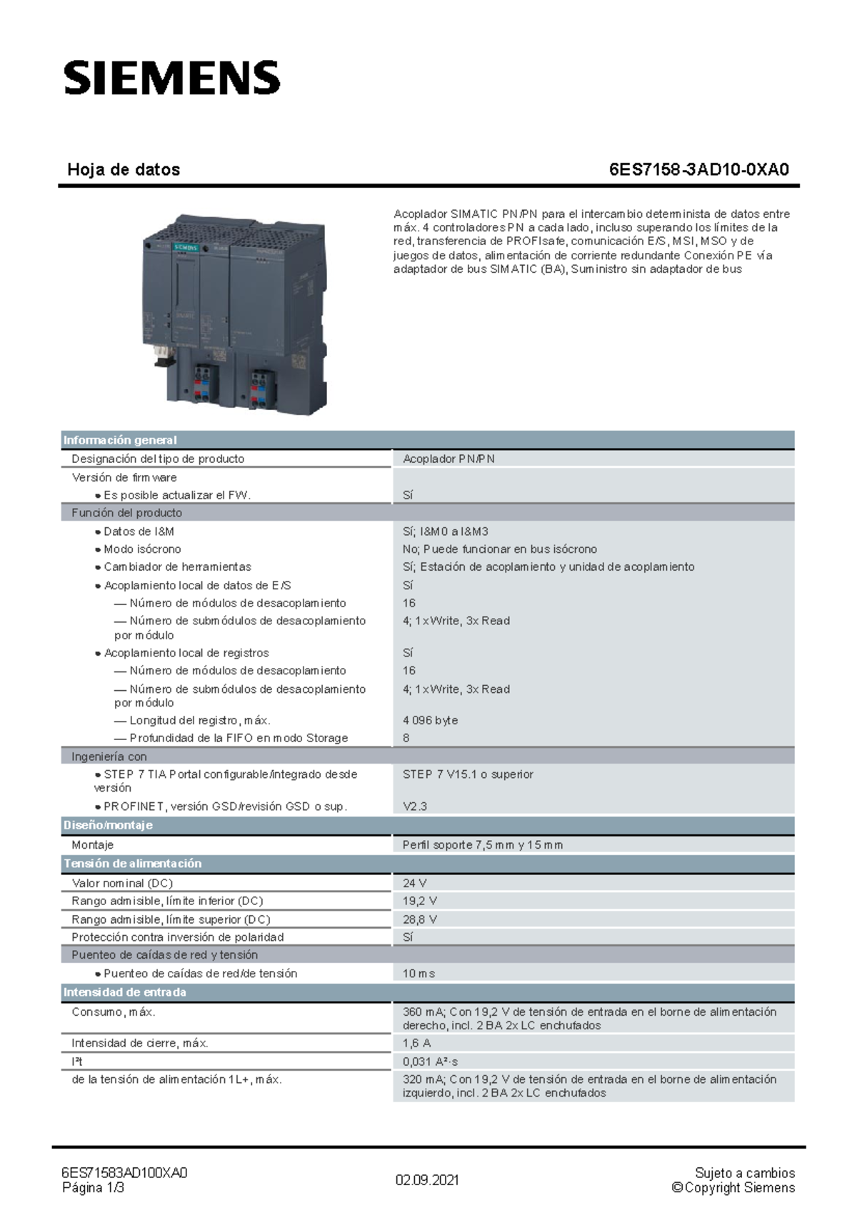 6ES71583 AD100XA0 datasheet es - Hoja de datos 6ES7158-3AD10-0XA ...