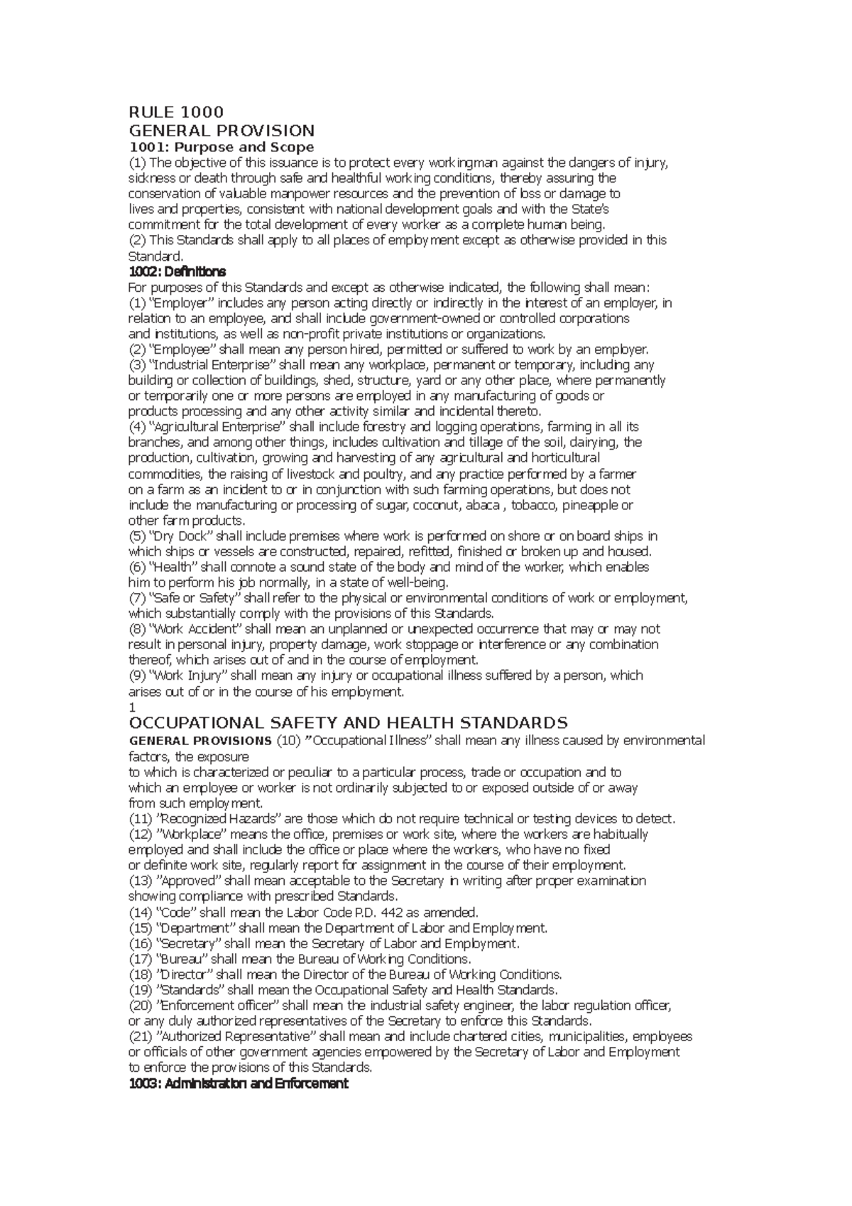 Osh 1 - osh notes - RULE 1000 GENERAL PROVISION 1001: Purpose and Scope ...