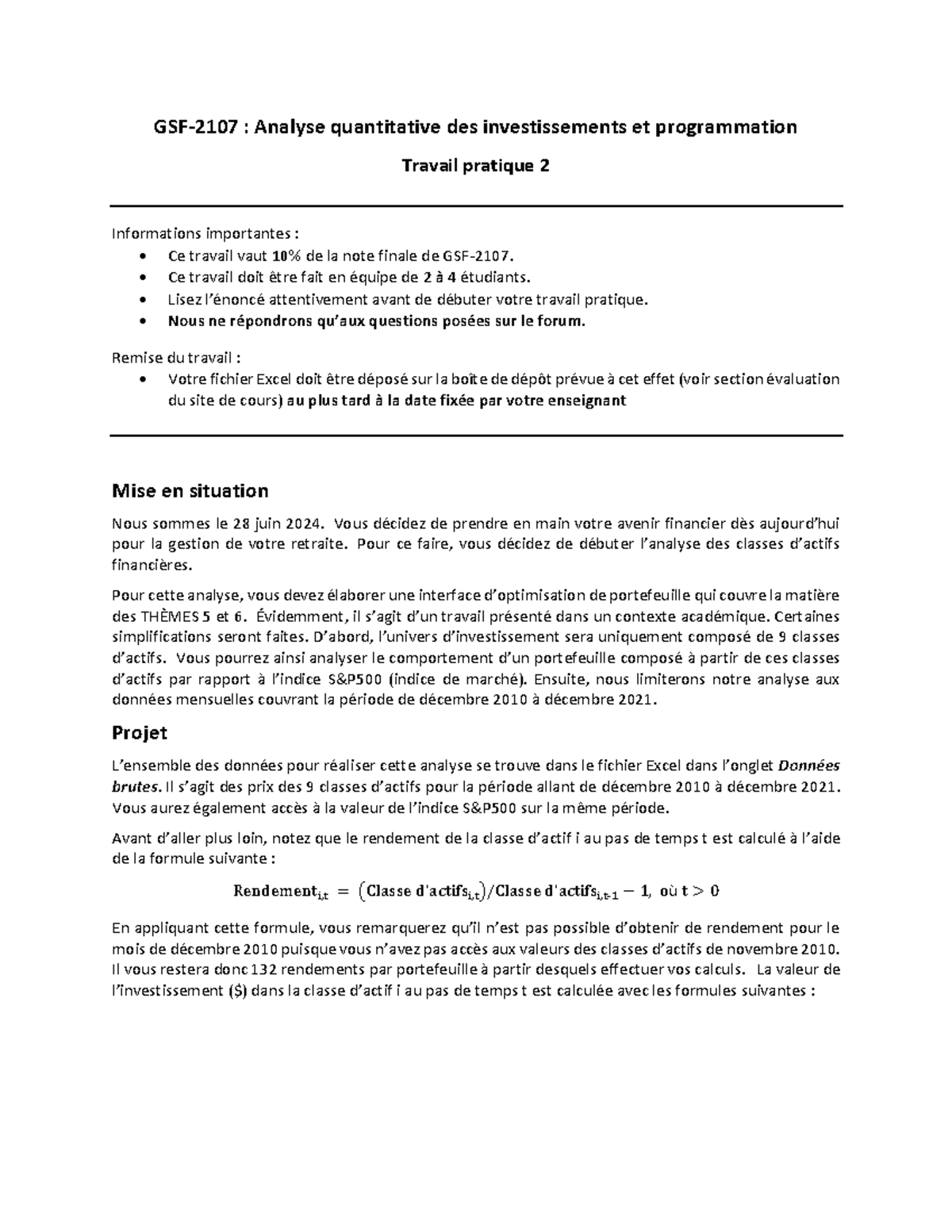 GSF-2107 TP2 E2024 - Travail pratique 2 - GSF- 2107 : Analyse quantitative des investissements ...