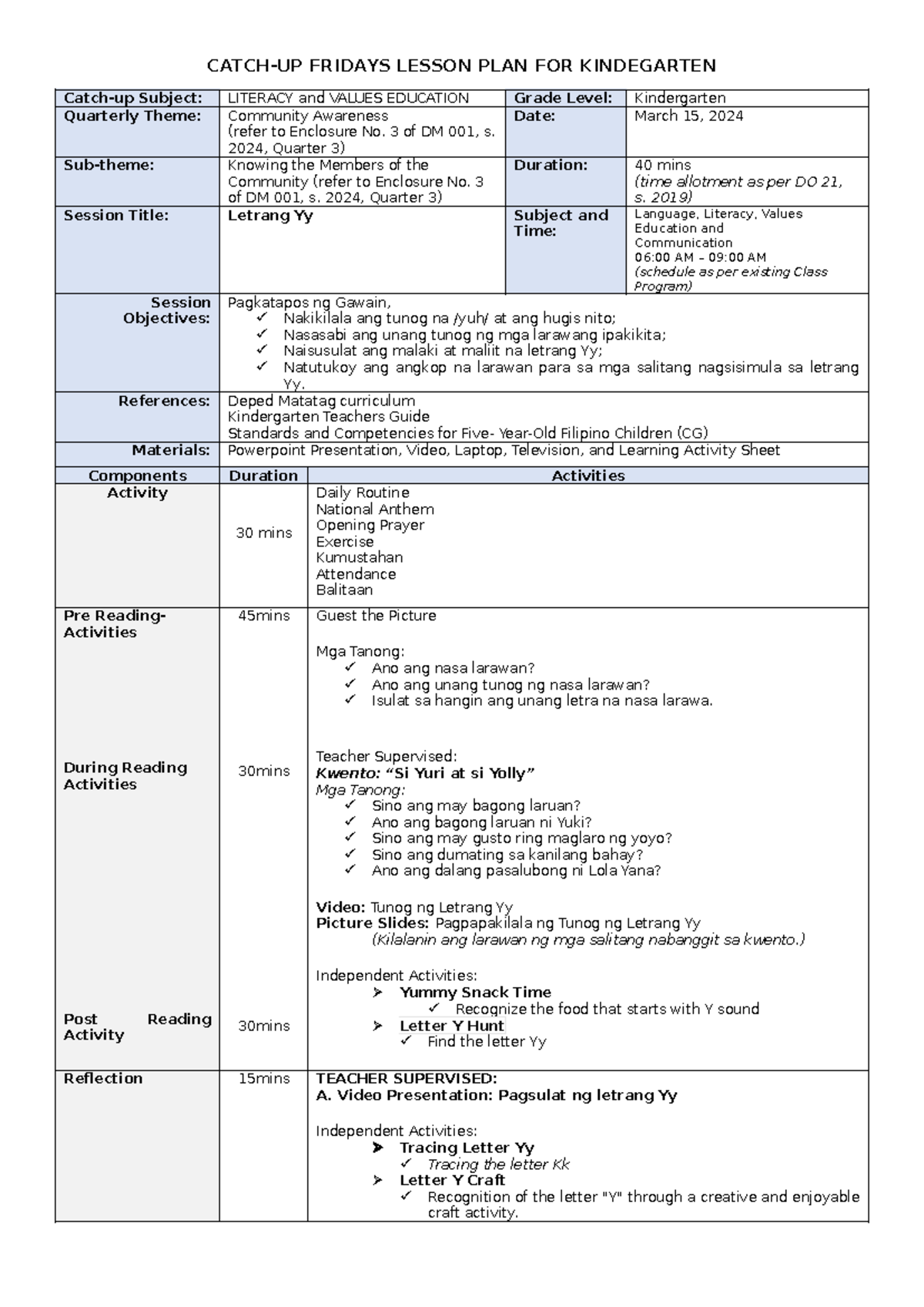 Lesson PLAN Catch-Up-Friday-Quarter-3-Week-7 - CATCH-UP FRIDAYS LESSON PLAN FOR KINDEGARTEN ...