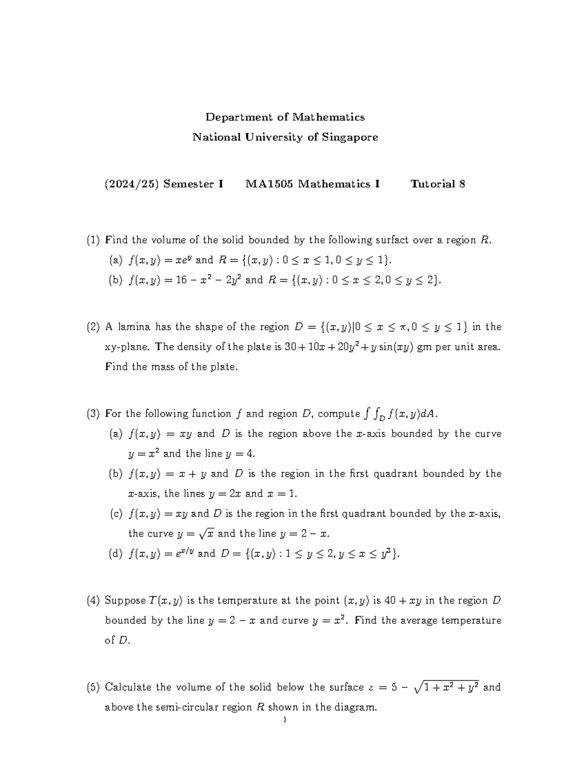 Tut8 - Tutorial 8 WOrksheet - Department of Mathematics National University of Singapore (2024/ ...