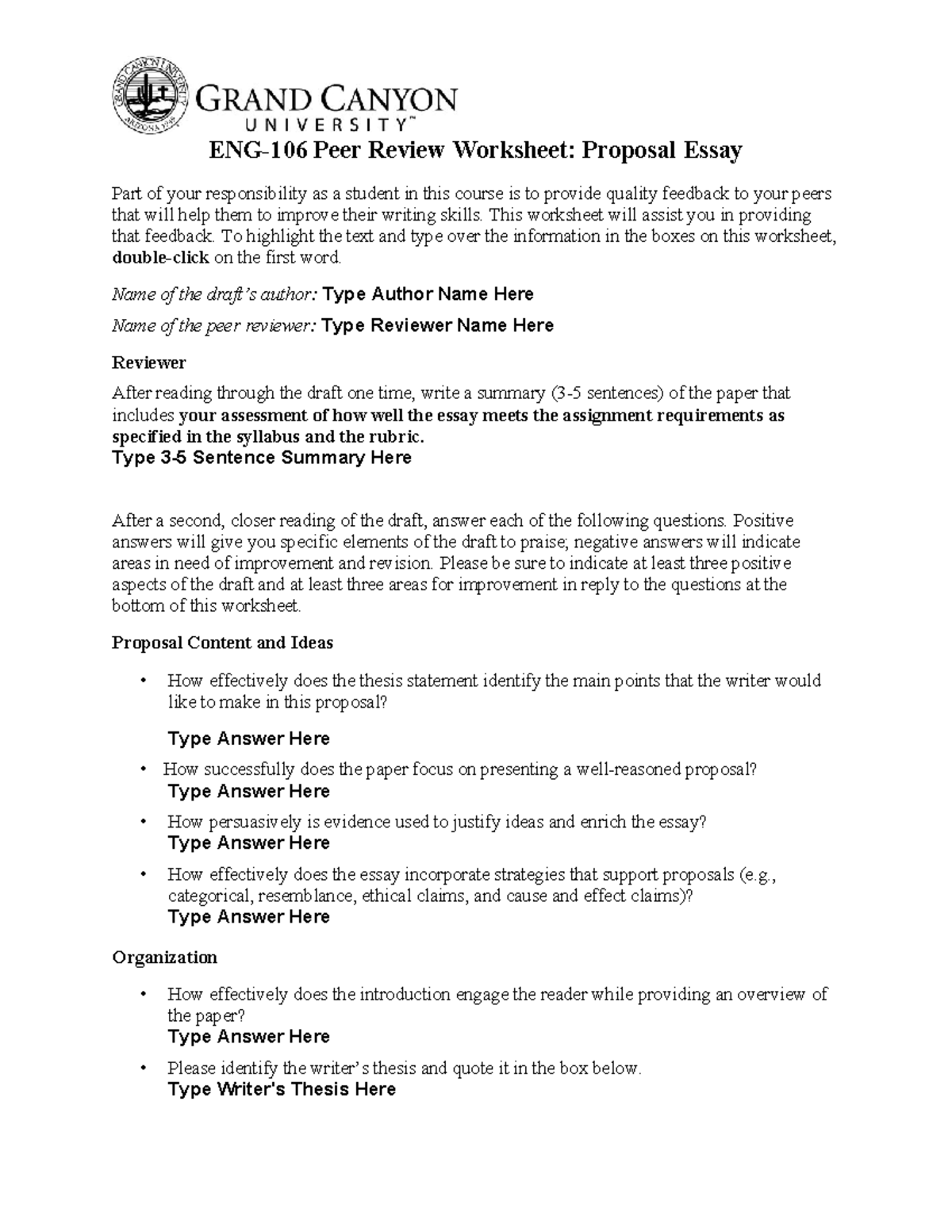 Assignments - ENG-106 Peer Review Worksheet: Proposal Essay Part of ...