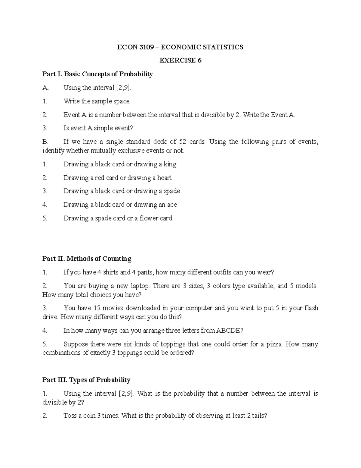ECON 3109_Exercise 6 - ECON 3109 – ECONOMIC STATISTICS EXERCISE 6 Part ...