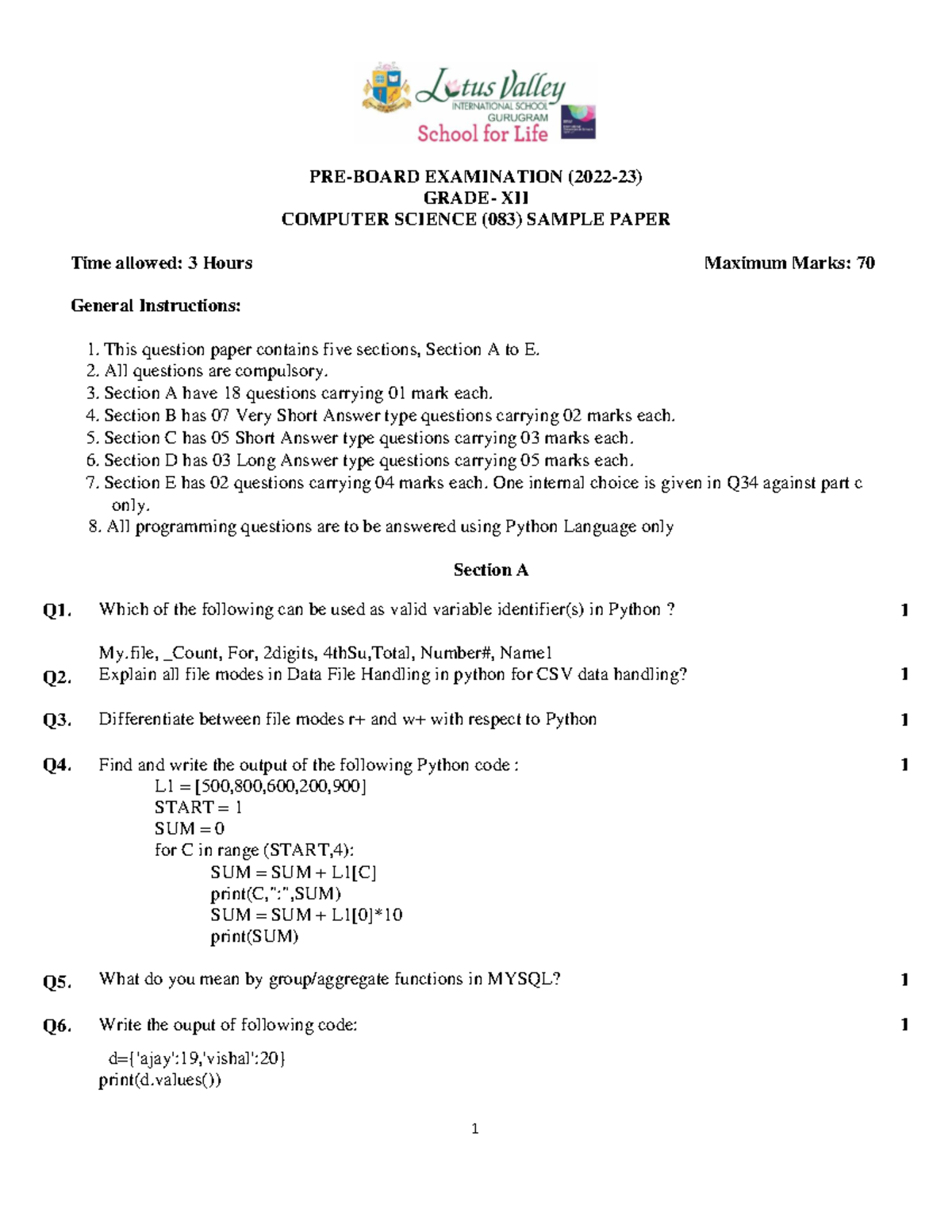 CS PRE Board 2022-23- Sample Paper - PRE-BOARD EXAMINATION (2022-23 ...