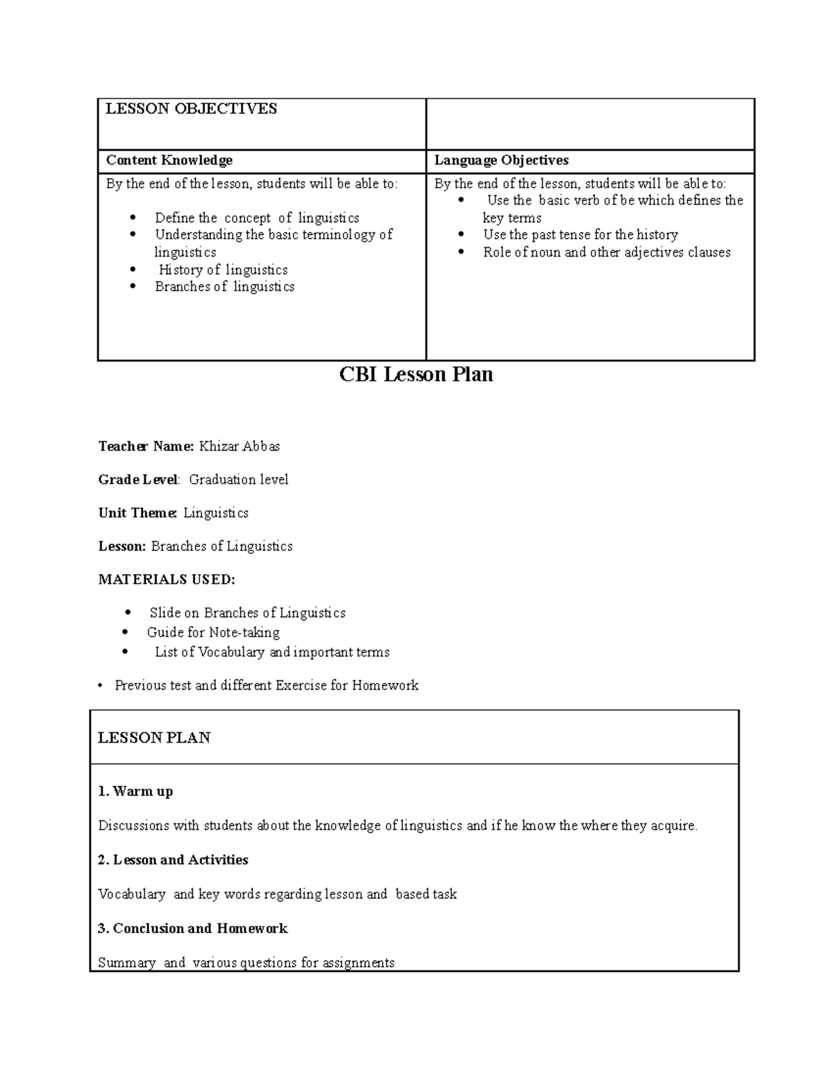 CBI Lesson Plan - Base on planning - LESSON OBJECTIVES Content ...