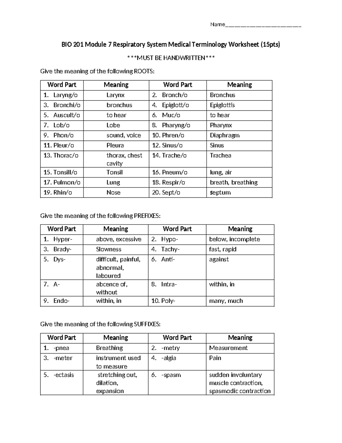 BIO 201 mod 7 med term - worksheet - BIO 201 Module 7 Respiratory ...