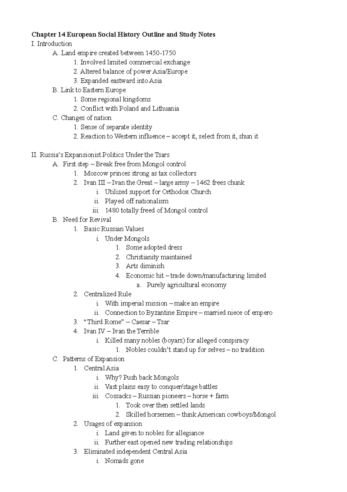 Chapter 14 European Social History Outline and Study Notes ...