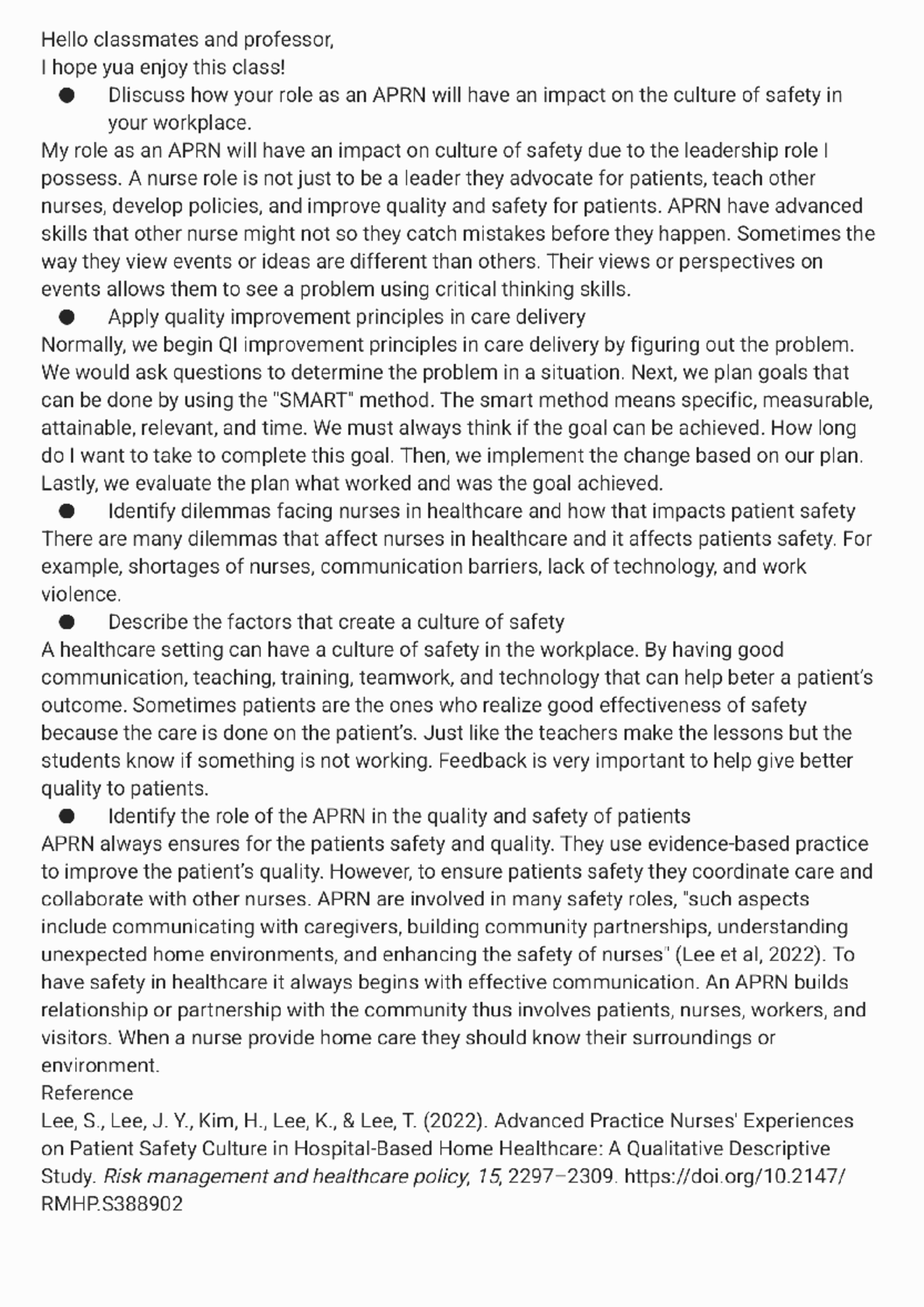 Safety ReflectionsDiscussion - Hello classmates and professor, I hope ...