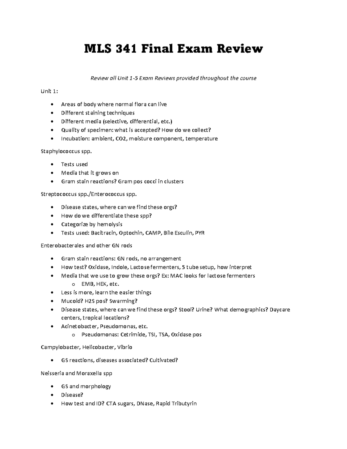 MLS 341 Final Exam Review - MLS 341 Final Exam Review Review all Unit 1 ...