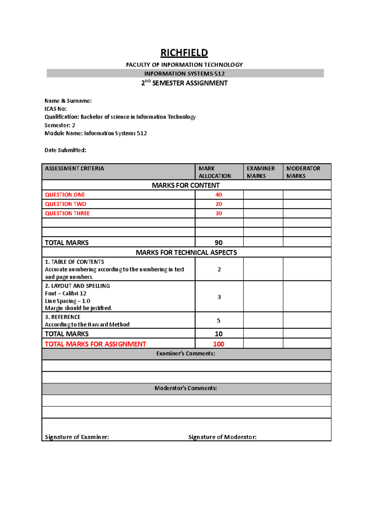 Semester 2 (512) Information Systems Assignment - RICHFIELD FACULTY OF ...