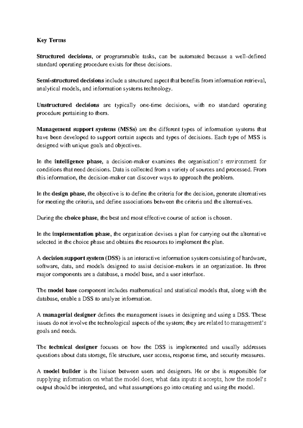 Key Terms Chapter 12 - Key Terms Structured decisions, or programmable ...