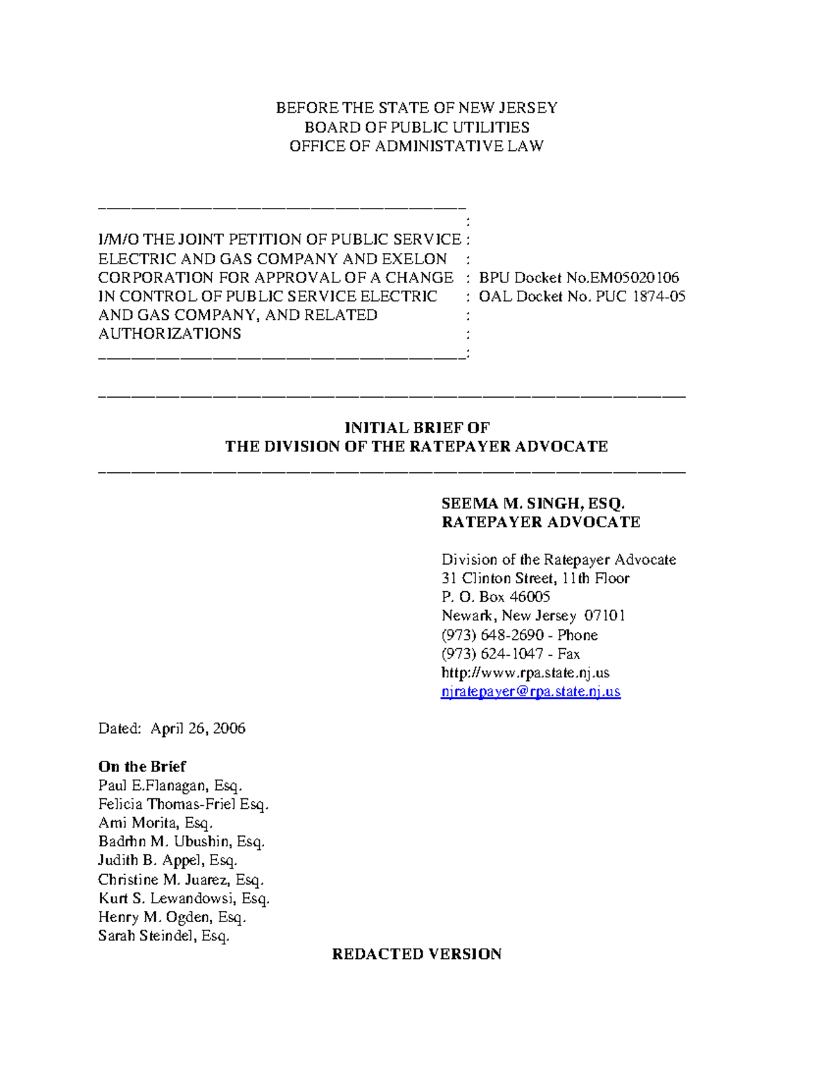 RPA Initial Brief Redacted Version pdf - BEFORE THE STATE OF NEW JERSEY ...