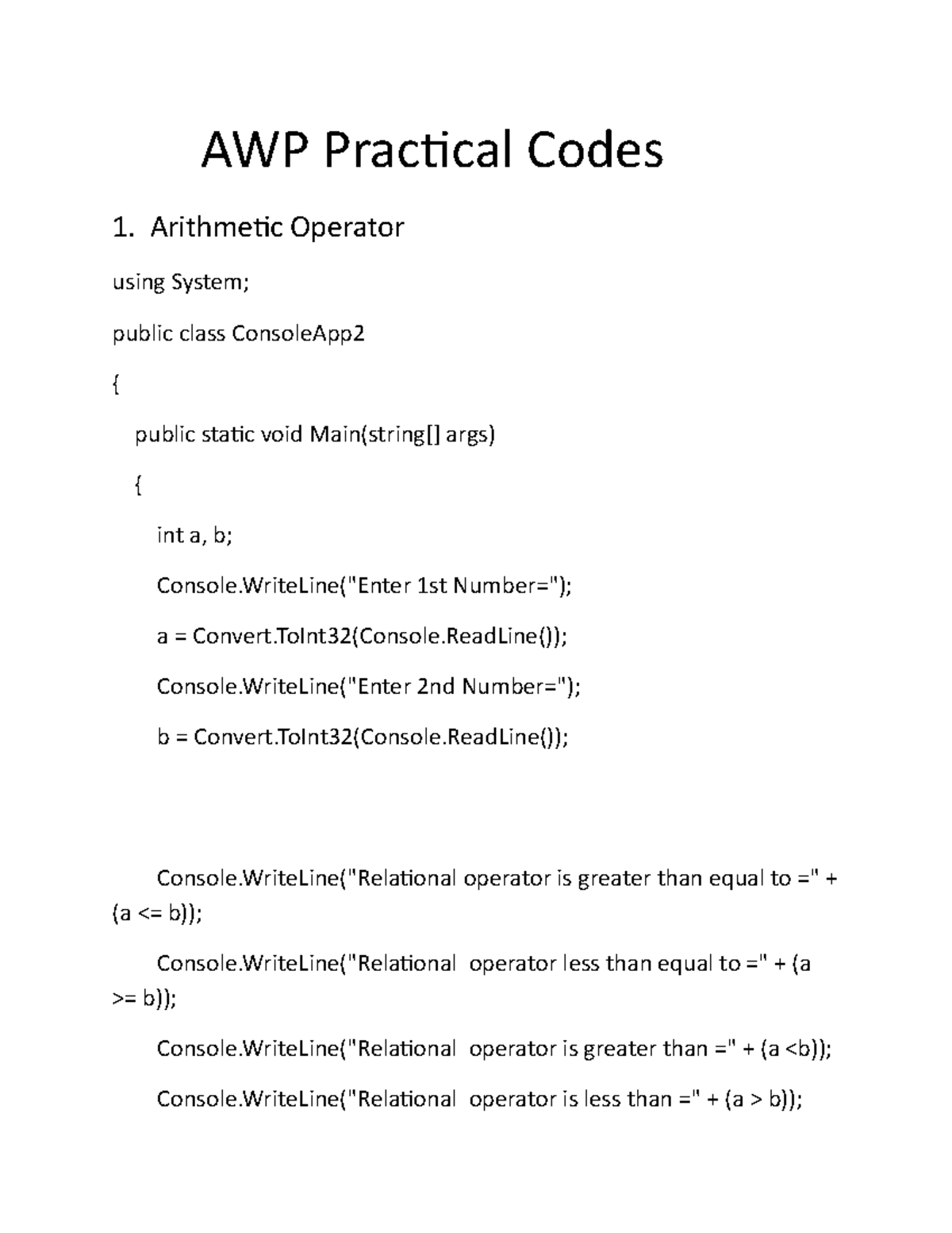 Awp jrnl demo - For learning the programs - AWP Practical Codes 1. Arithmetic Operator using ...