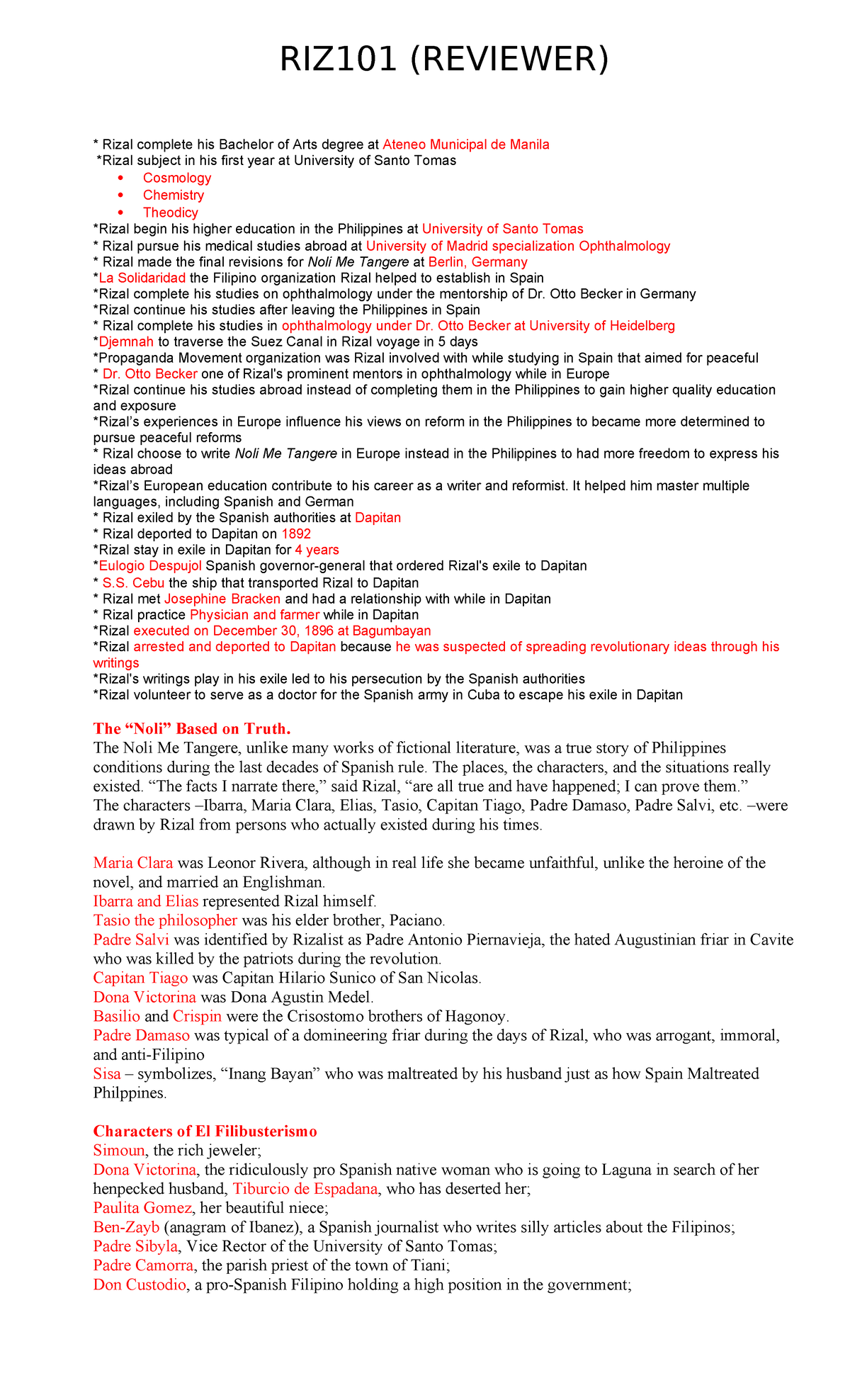 Rizal-pointers - Midterm Reviewer - RIZ101 (REVIEWER) * Rizal complete his Bachelor of Arts ...