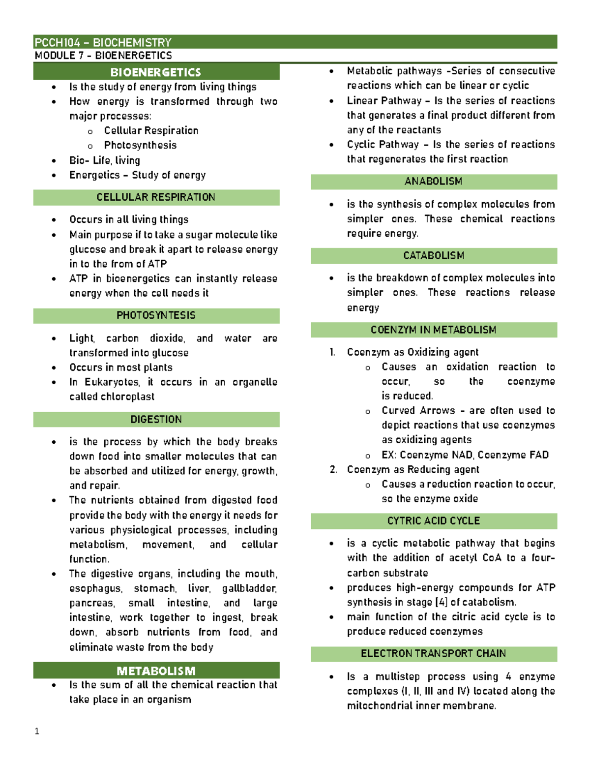 M7-Bioenergetics - PCCH104 – BIOCHEMISTRY MODULE 7 - BIOENERGETICS 1 ...