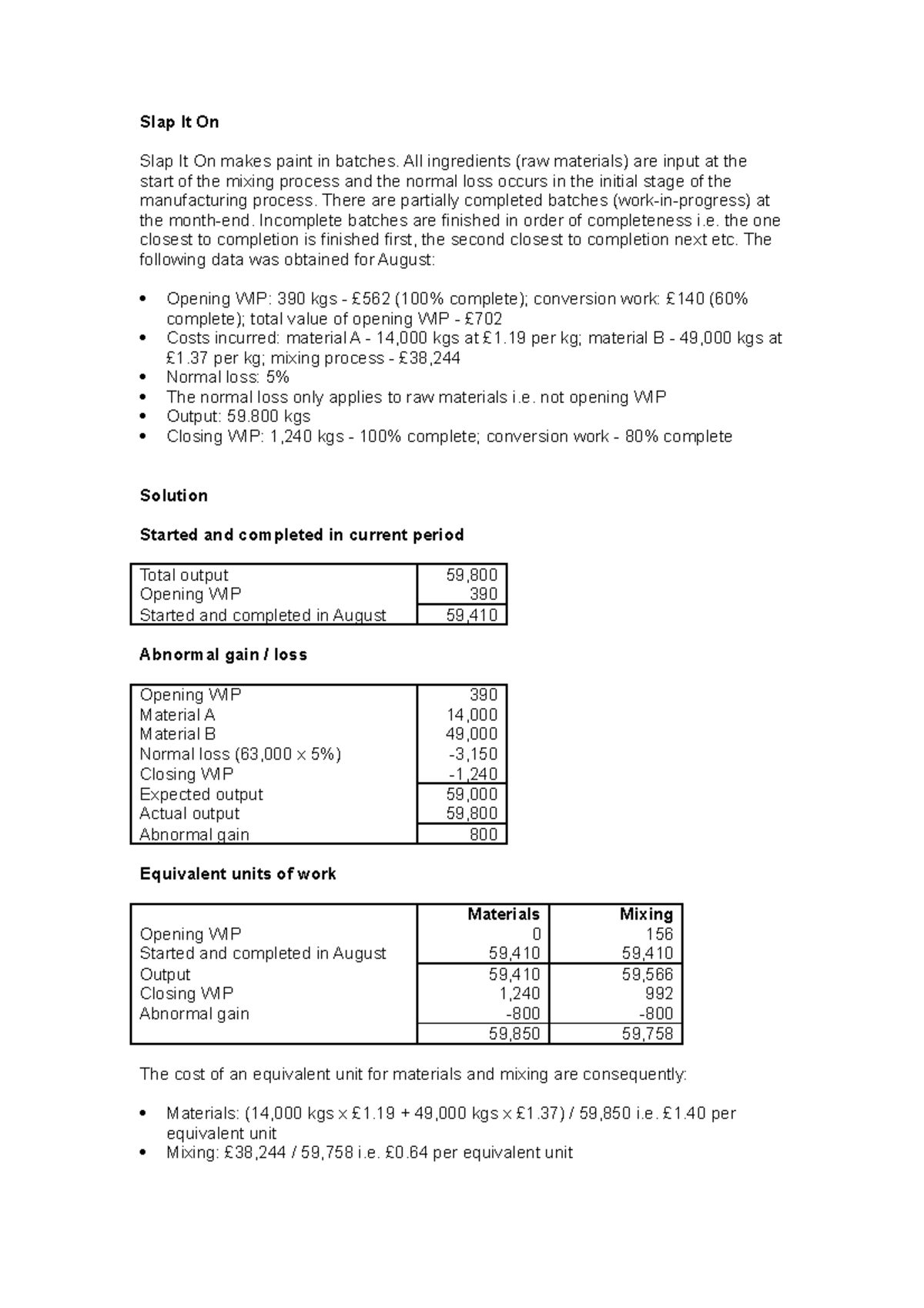 Process Costing Slap It On Question and Answer - Slap It On Slap It On ...