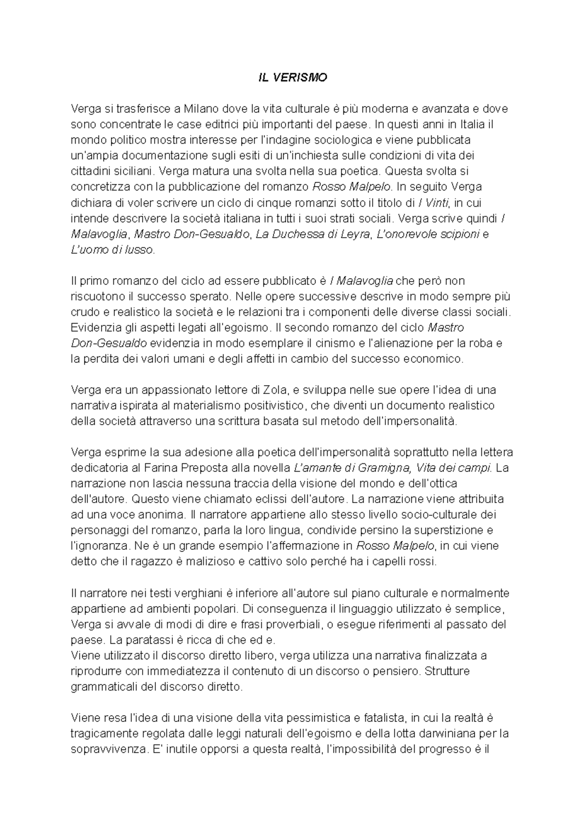 Verismo - Riassunto Storia della letteratura italiana: Dalle origini al Quattrocento ; 2. Dal ...