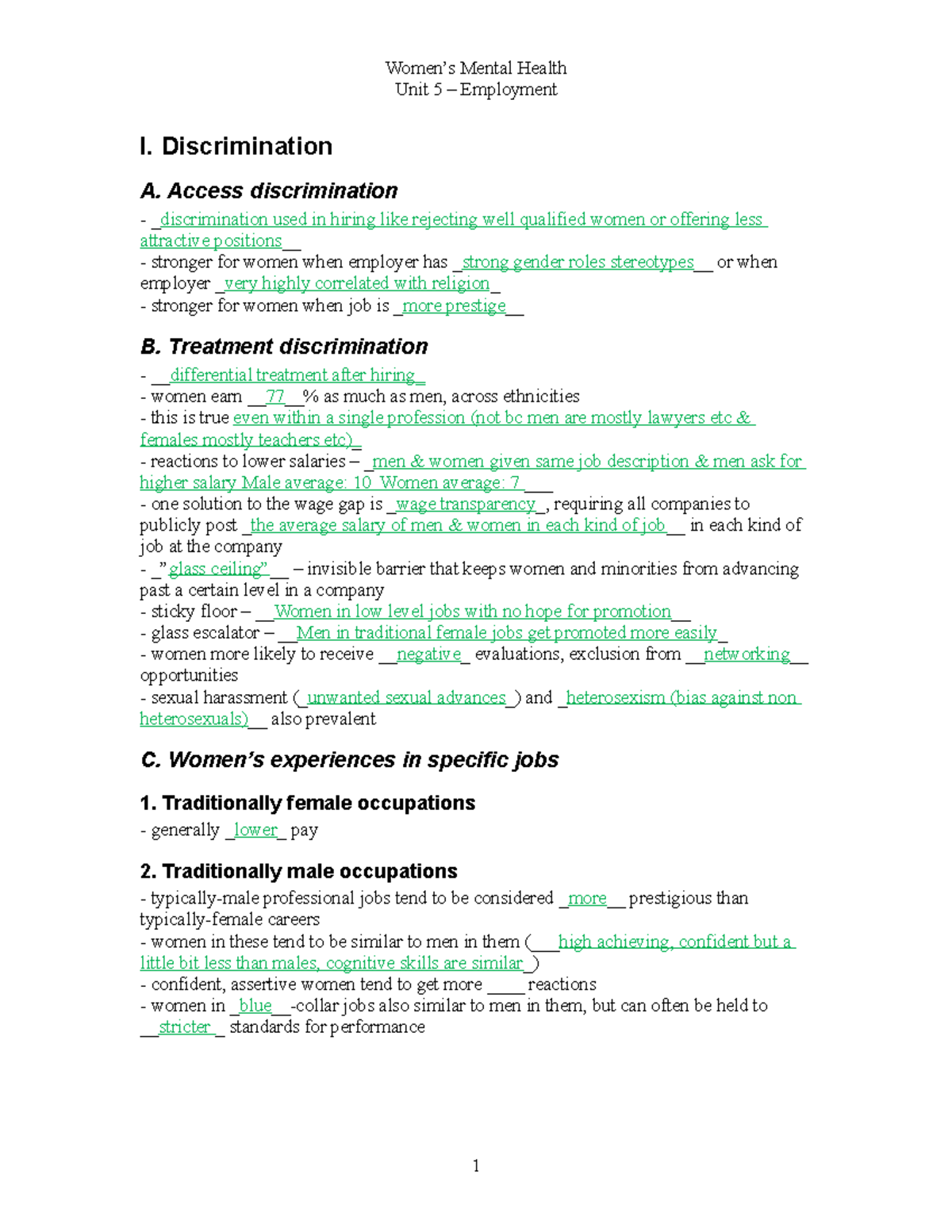 Unit 5 Notes - Women’s Mental Health Unit 5 – Employment I ...