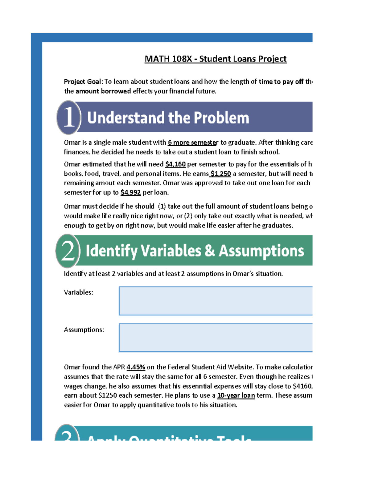 Math108x document w07Group Assignment - Variables: Assumptions: Project ...