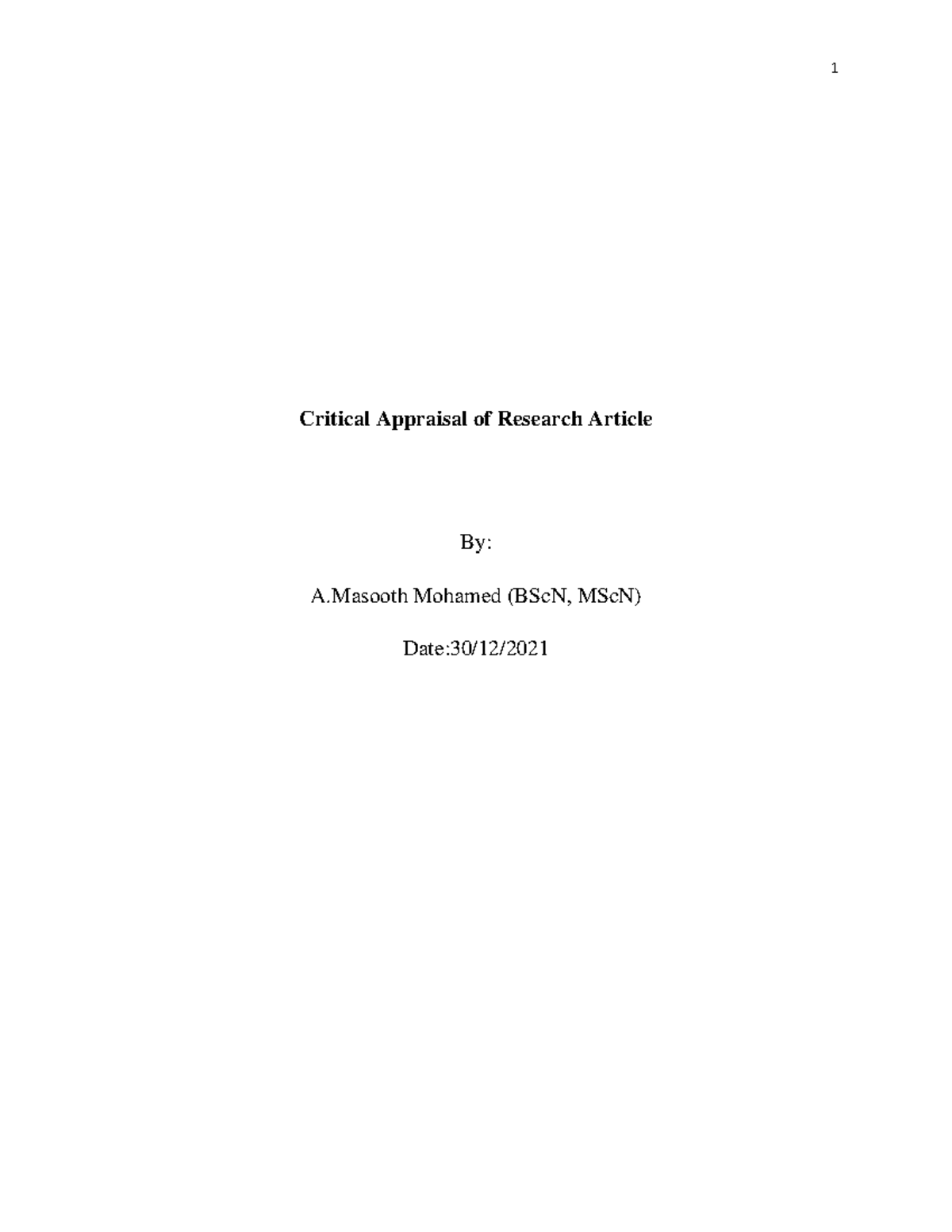 1 Research critique pdf - Critical Appraisal of Research Article By: A ...