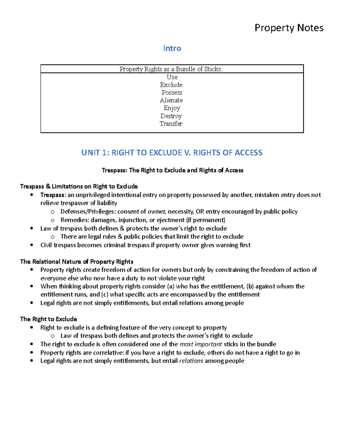 Property Notes - Property Notes Intro UNIT 1: RIGHT TO EXCLUDE V ...