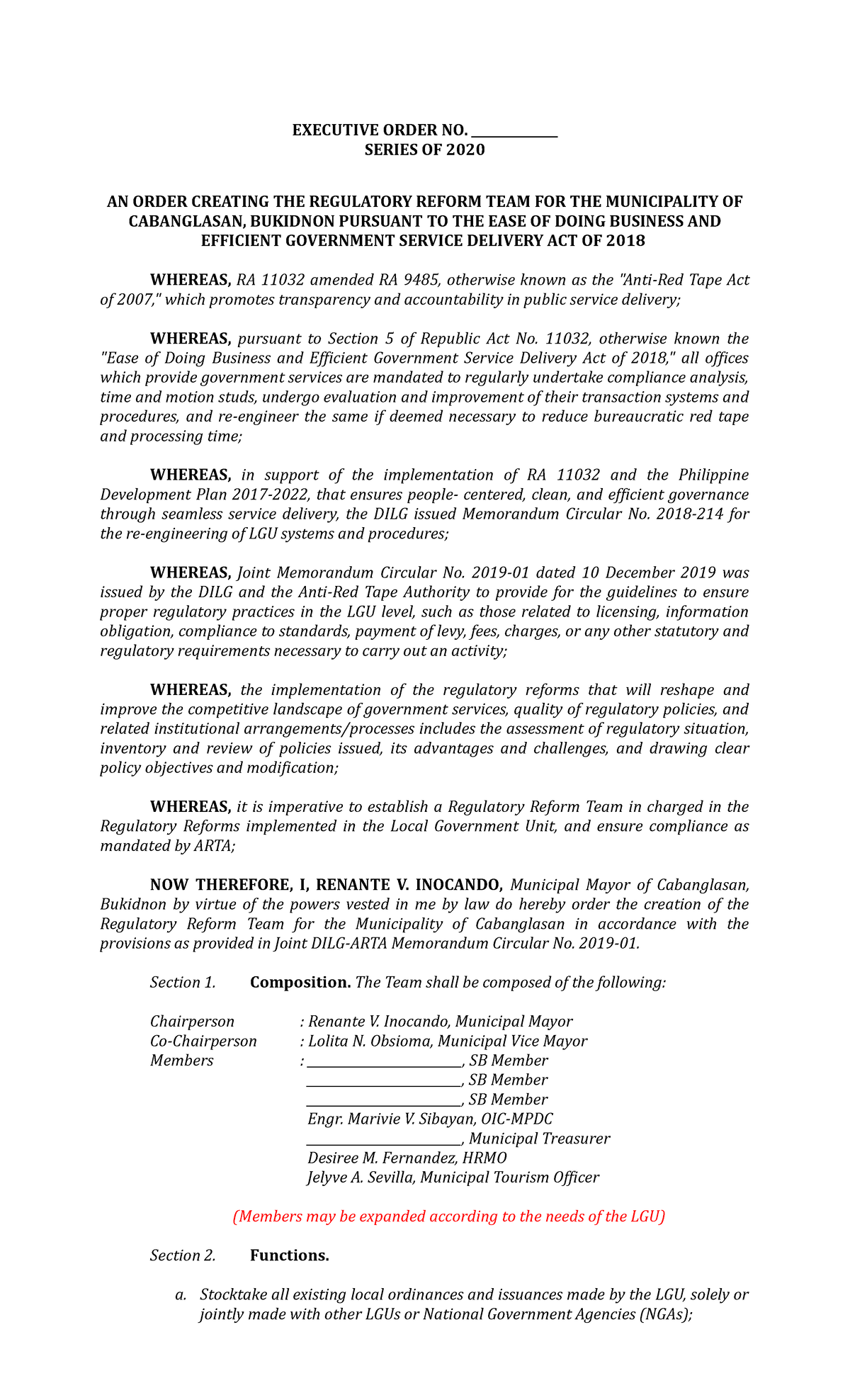 Executive Order on Regulatory Reform Team Cabanglasan - EXECUTIVE ORDER ...