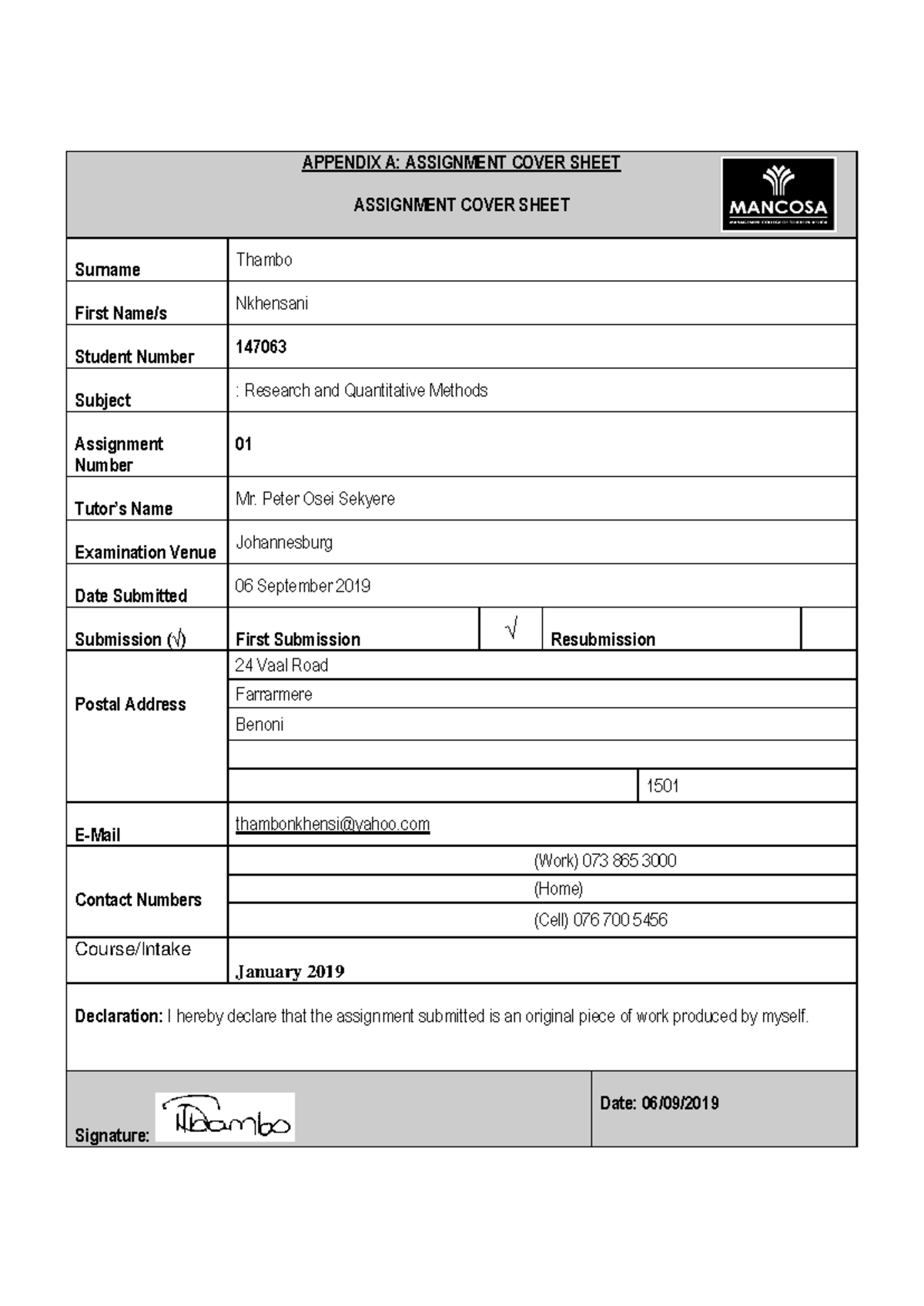 RQM Assignment Final - N/A - APPENDIX A: ASSIGNMENT COVER SHEET ASSIGNMENT COVER SHEET Surname ...
