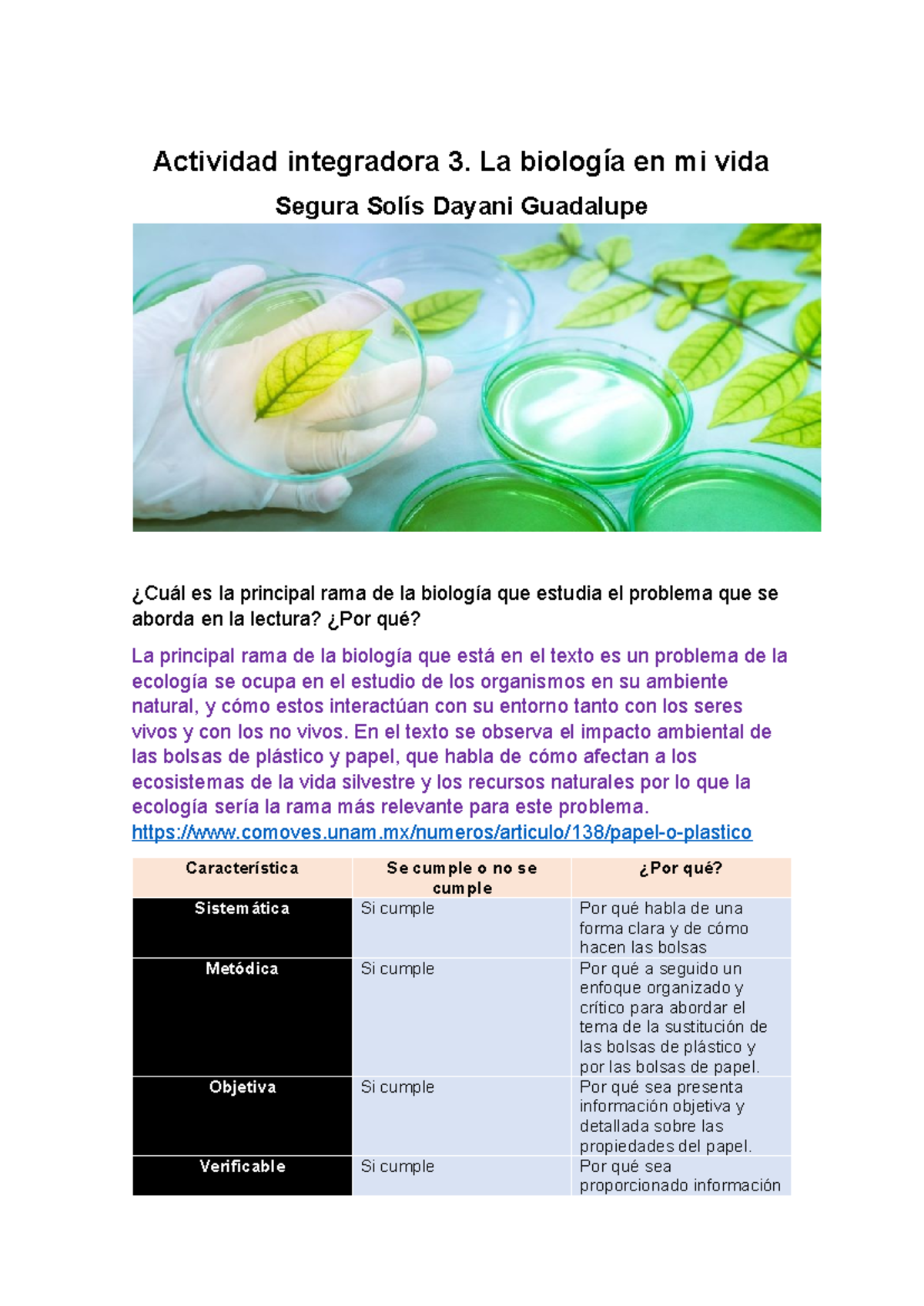 Segura Solis Dayani Guadalupe M3S2Al3 - Actividad integradora 3. La biología en mi vida Segura ...