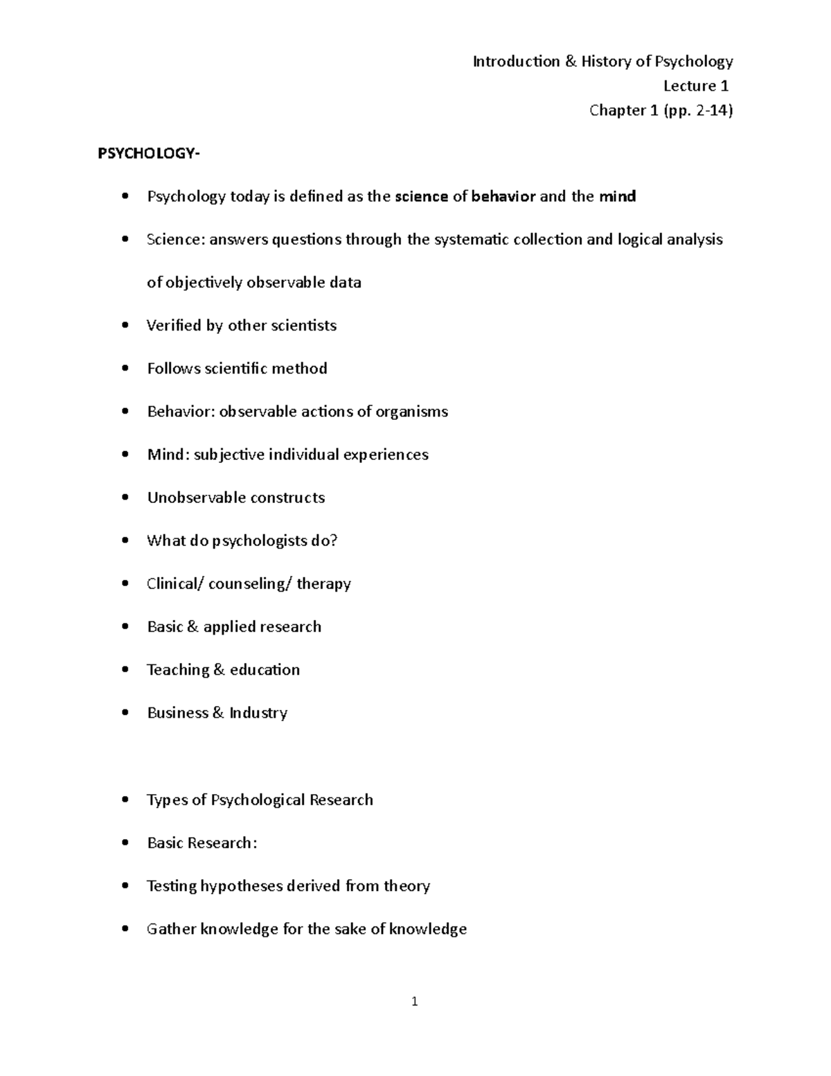 Introduction & History of Psychology Lecture Notes - Lecture 1 Chapter ...