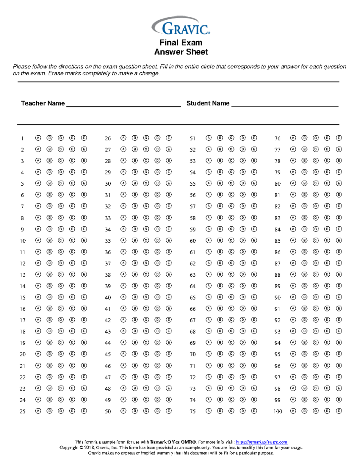 Final Exam Answer Sheet - Final Exam Answer Sheet This form is a sample ...