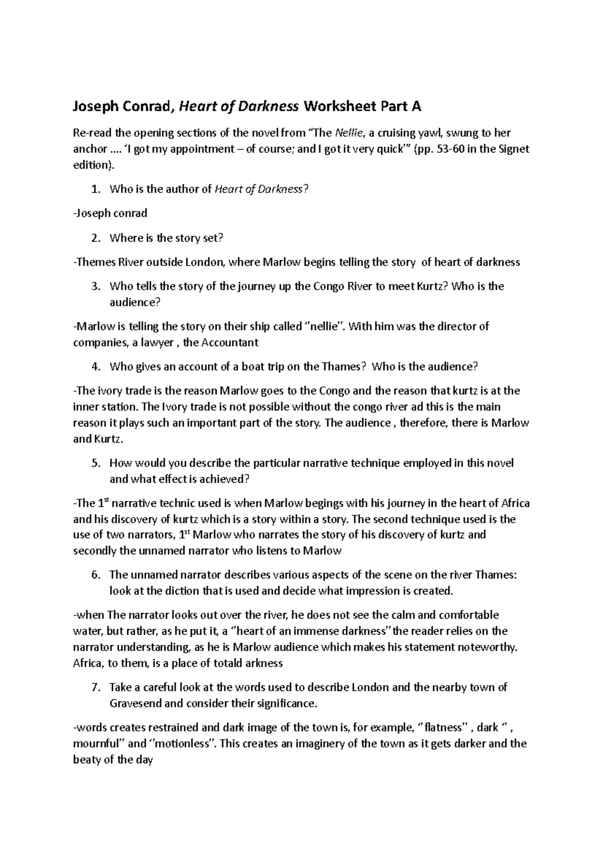 Heartof Darkness Worksheet(1) (1)today - Joseph Conrad, Heart of ...