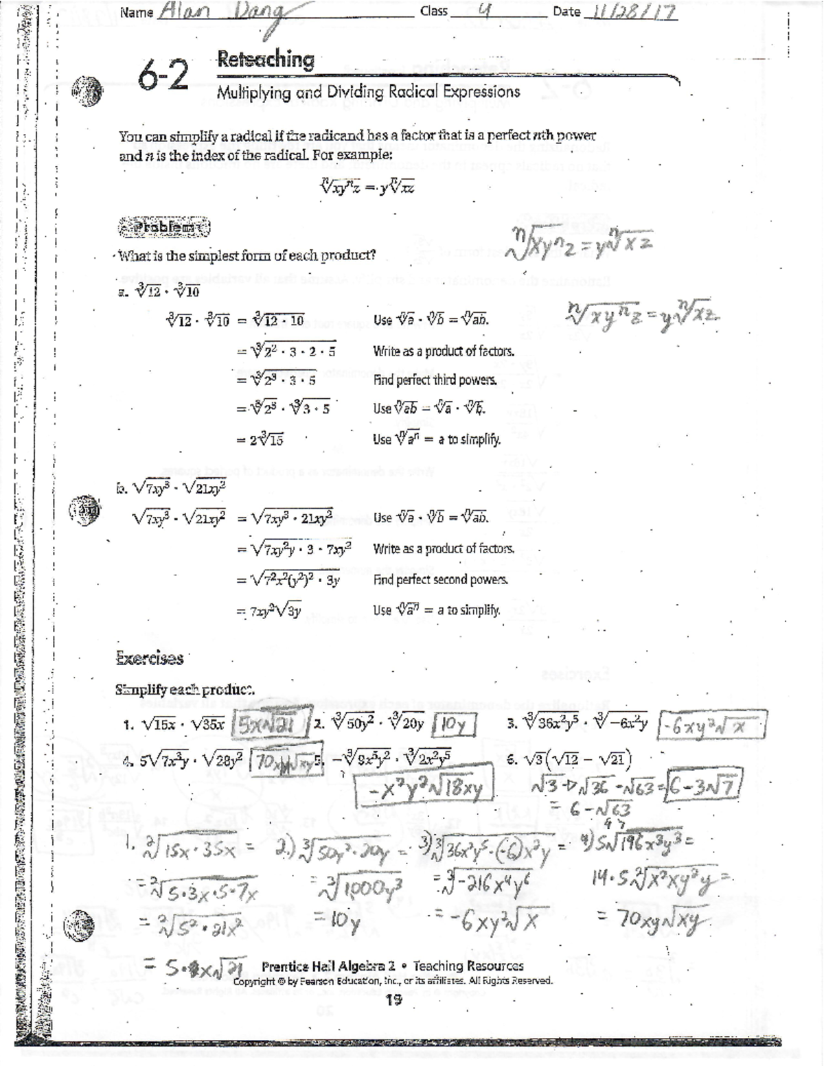 Algebra 2 - part i - Name Alan Dang Class 4 Date Reteaching Multiplying ...