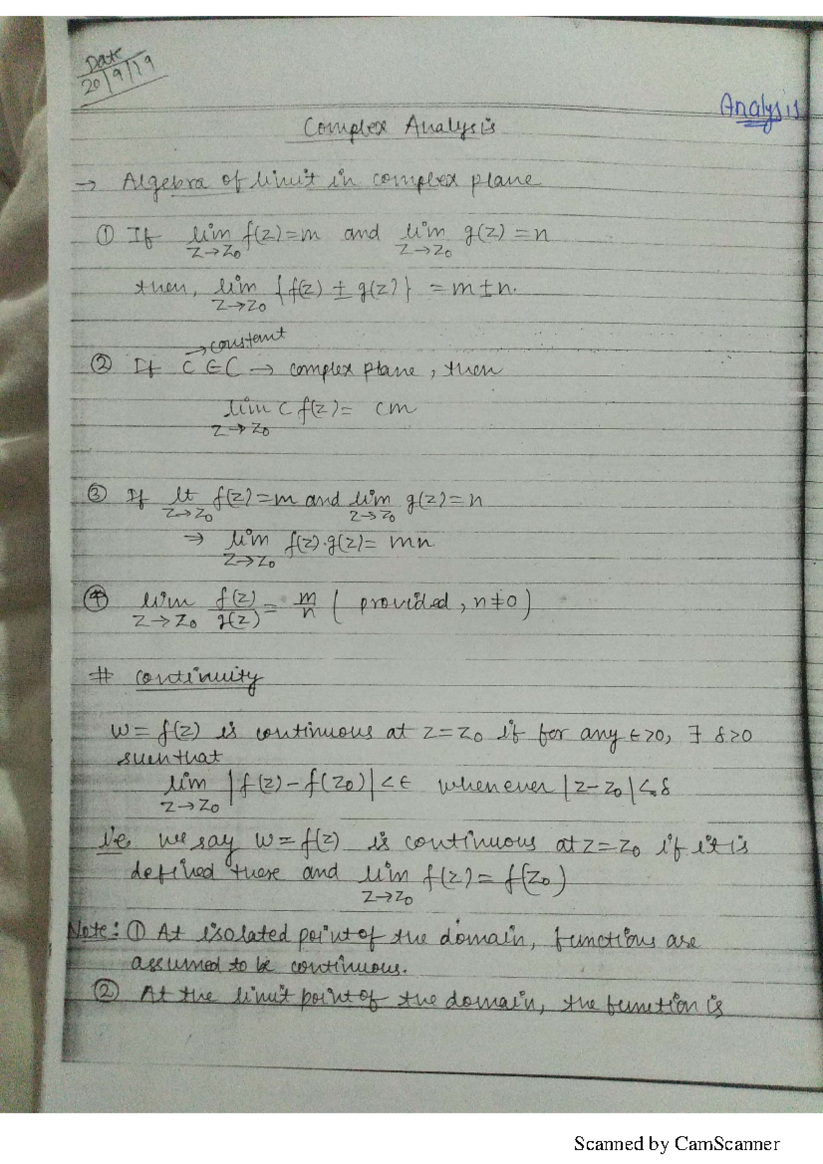 Complex analysis - Zo constant 2 If CEC complex plane, then tim cm Z Zo ...