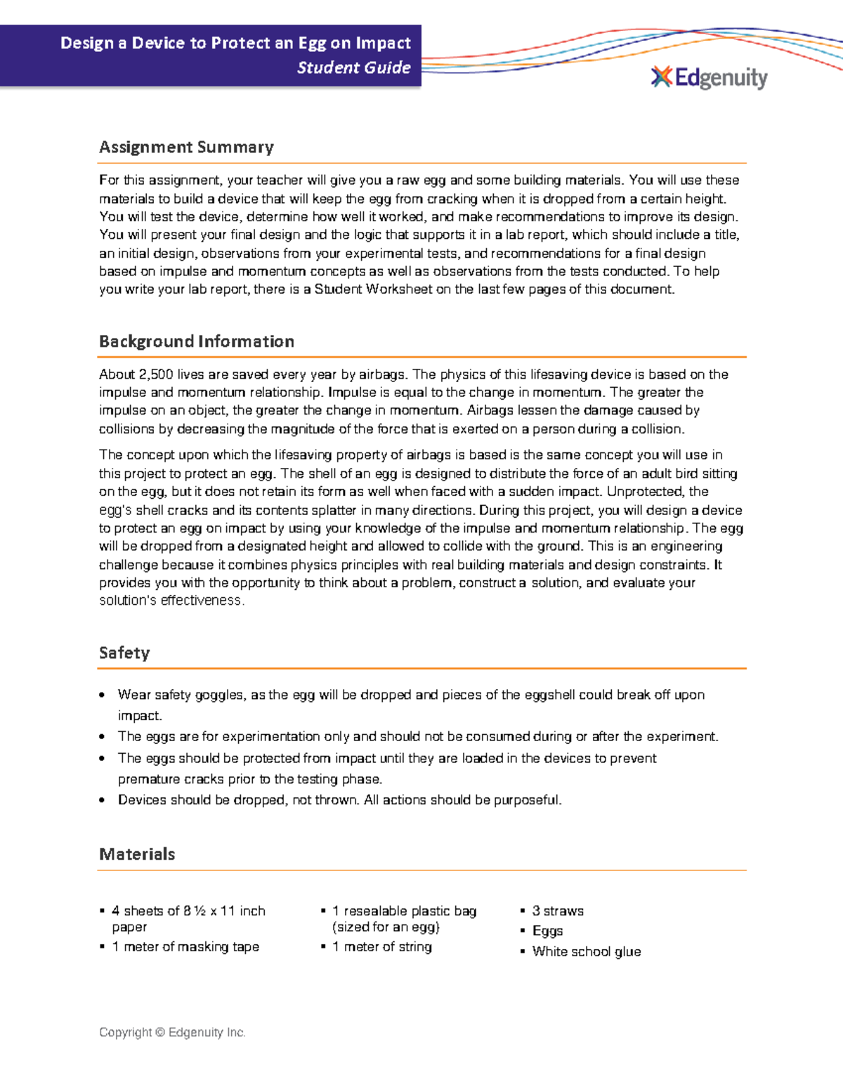 Student Guide - Egg Drop Project - Design a Device to Protect an Egg on ...