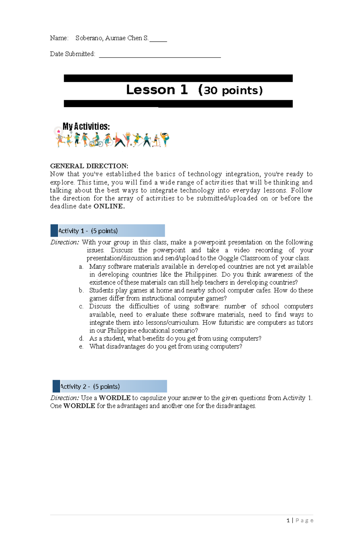 TTL 2 L1 Activities - hvgcyguyuiio - Activity 1 - (5 points) Activity 2 - (5 points) Name ...