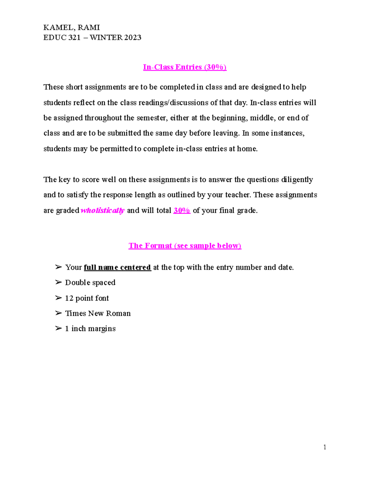 IN- Class Entries WITH Sample Formatting - KAMEL, RAMI EDUC 321 ...