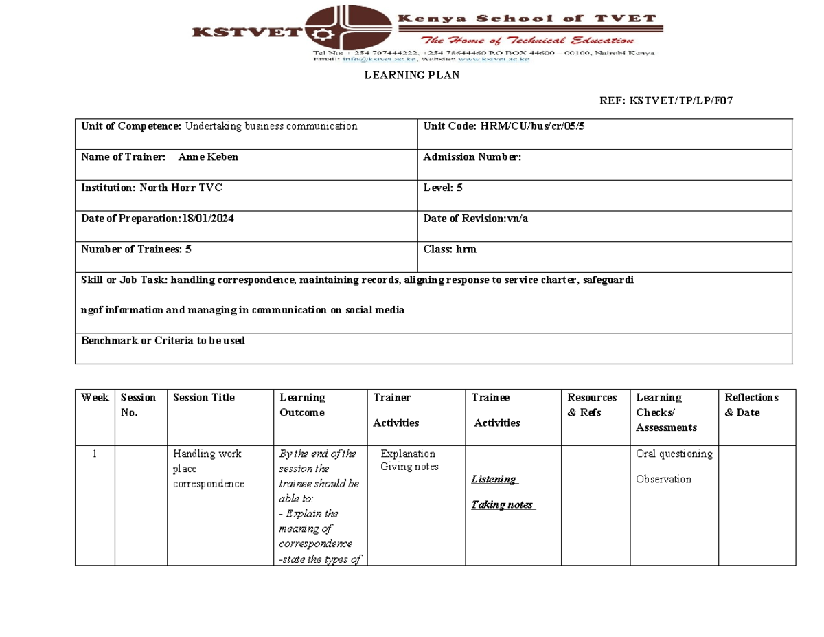 Learningplanbusicommm - LEARNING PLAN REF: KSTVET/TP/LP/F Unit of ...