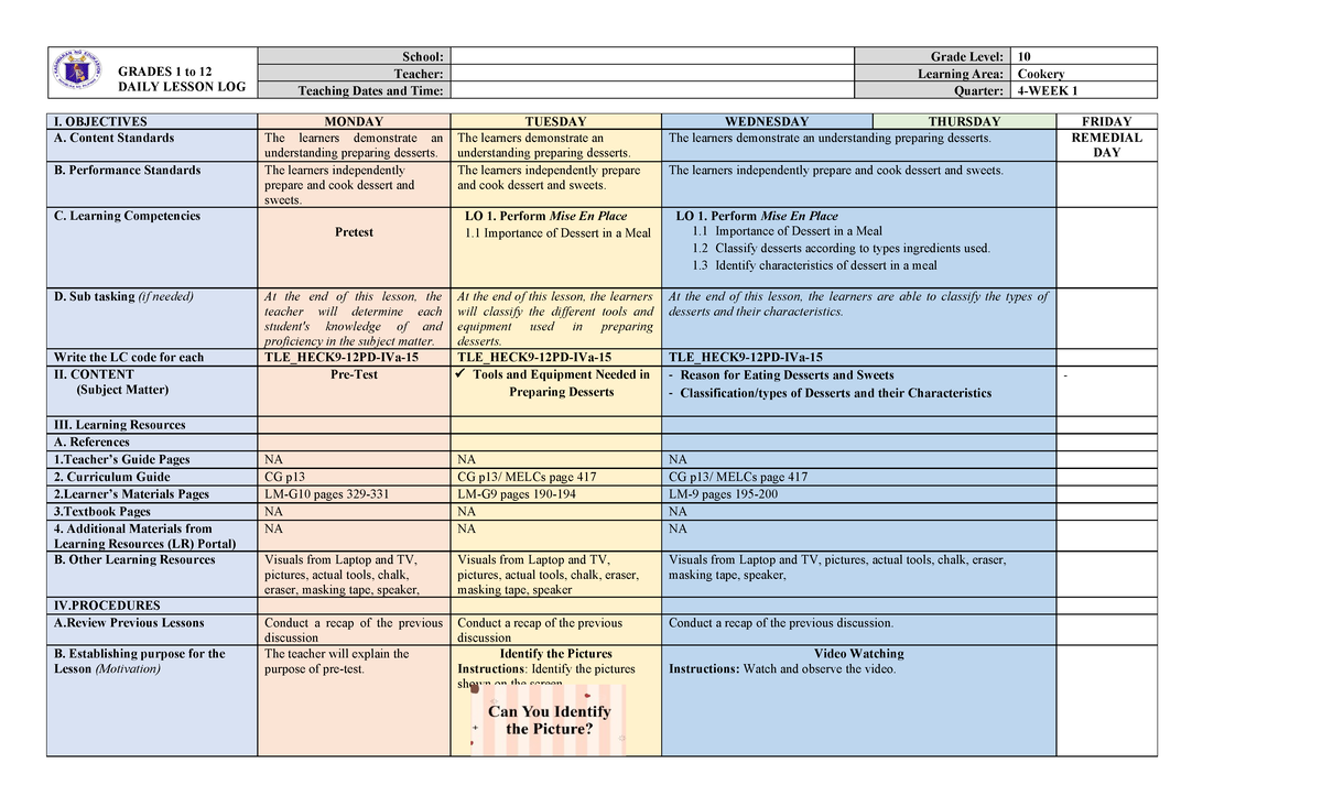 667855967 Cookery 9 DLL 4TH Quarter - GRADES 1 to 12 DAILY LESSON LOG ...
