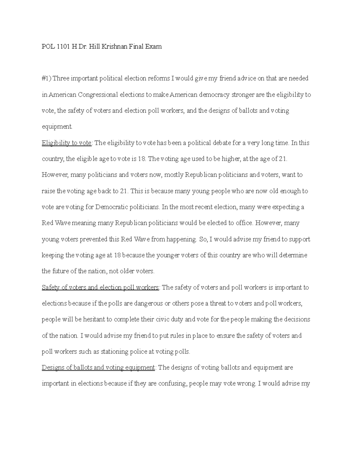 POL 1101 H Dr. Hill Krishnan Final Exam - POL 1101 H Dr. Hill Krishnan ...