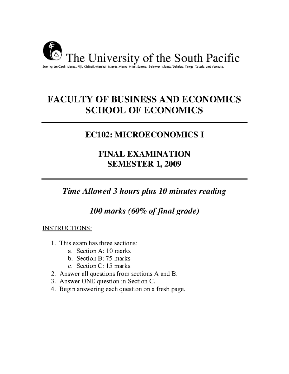 EC102 2009 Paper - the foundation economic learning titled principle of microeconomic - The ...