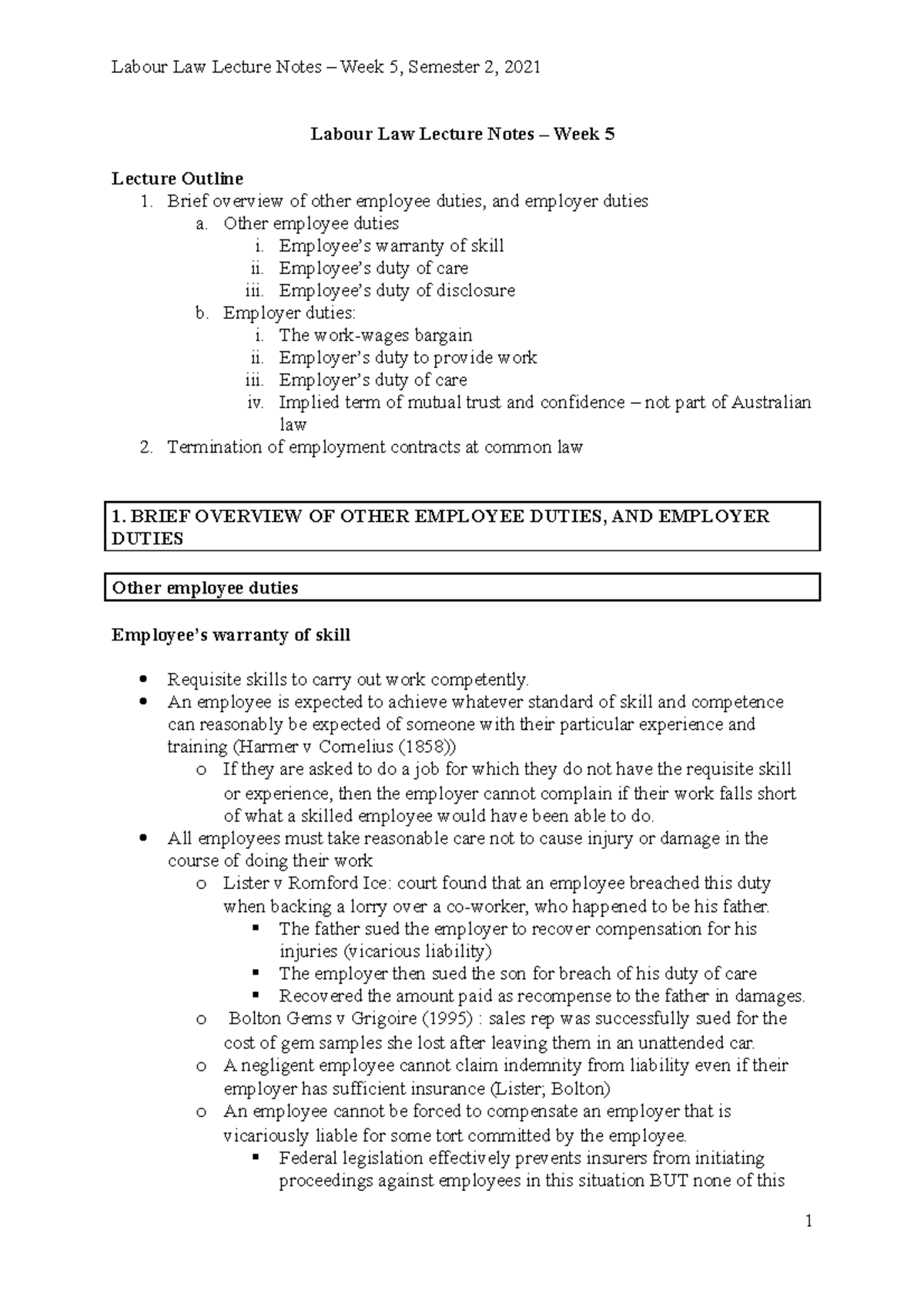 Week-5 - lecture outline + key passages from cases - Labour Law Lecture ...