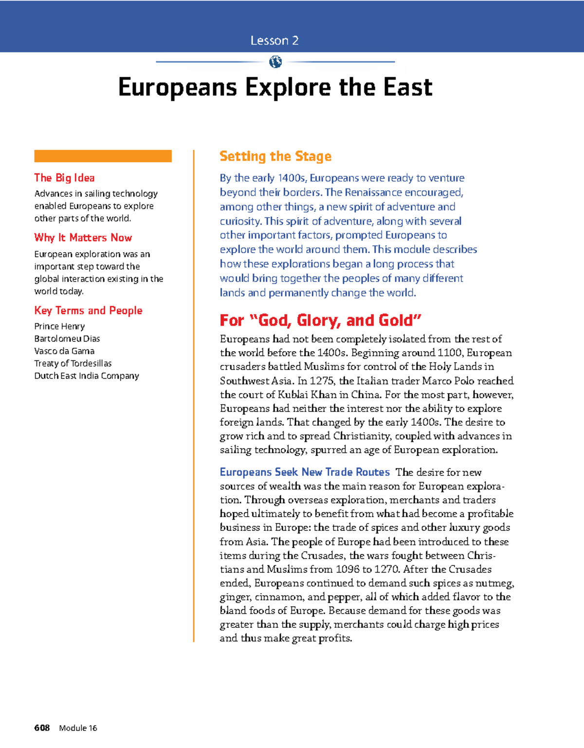 Unit 6 Readings - Lol - Lesson 2 Europeans Explore the East The Big ...