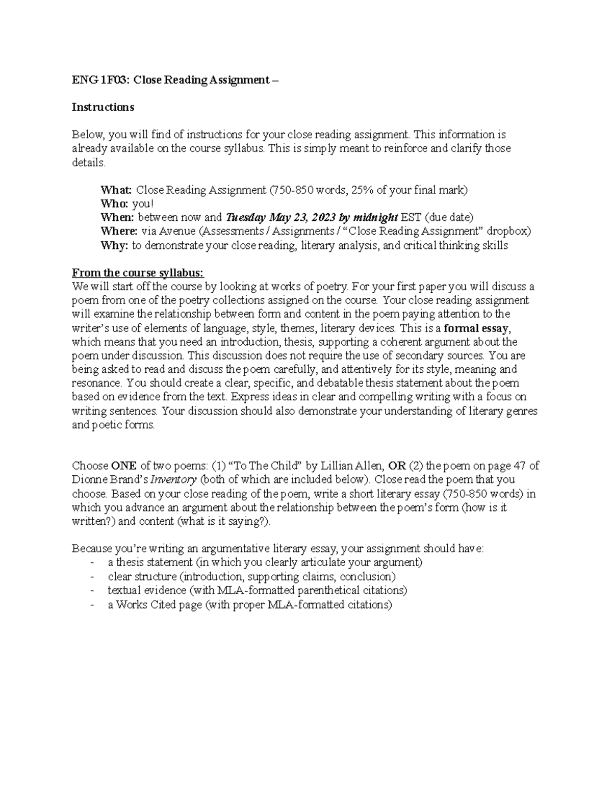 1F03 Close Reading Assignment - Instructions Spring 2023 - ENG 1F03 ...