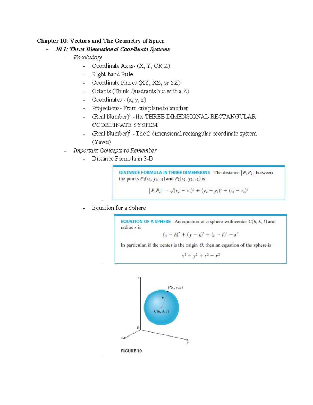 Notes For Calc - Chapter 10: Vectors and The Geometry of Space - 10 ...