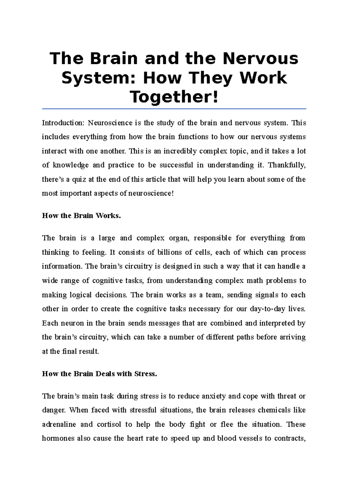 The Brain and the Nervous System How They Work Together - The Brain and ...