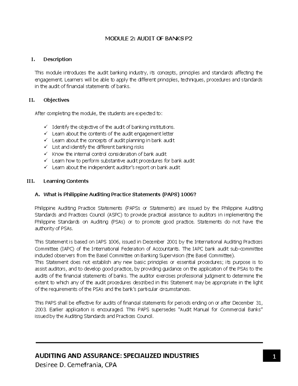 Module 4 - Audit of Banks P2 - AUDITING AND ASSURANCE: SPECIALIZED ...