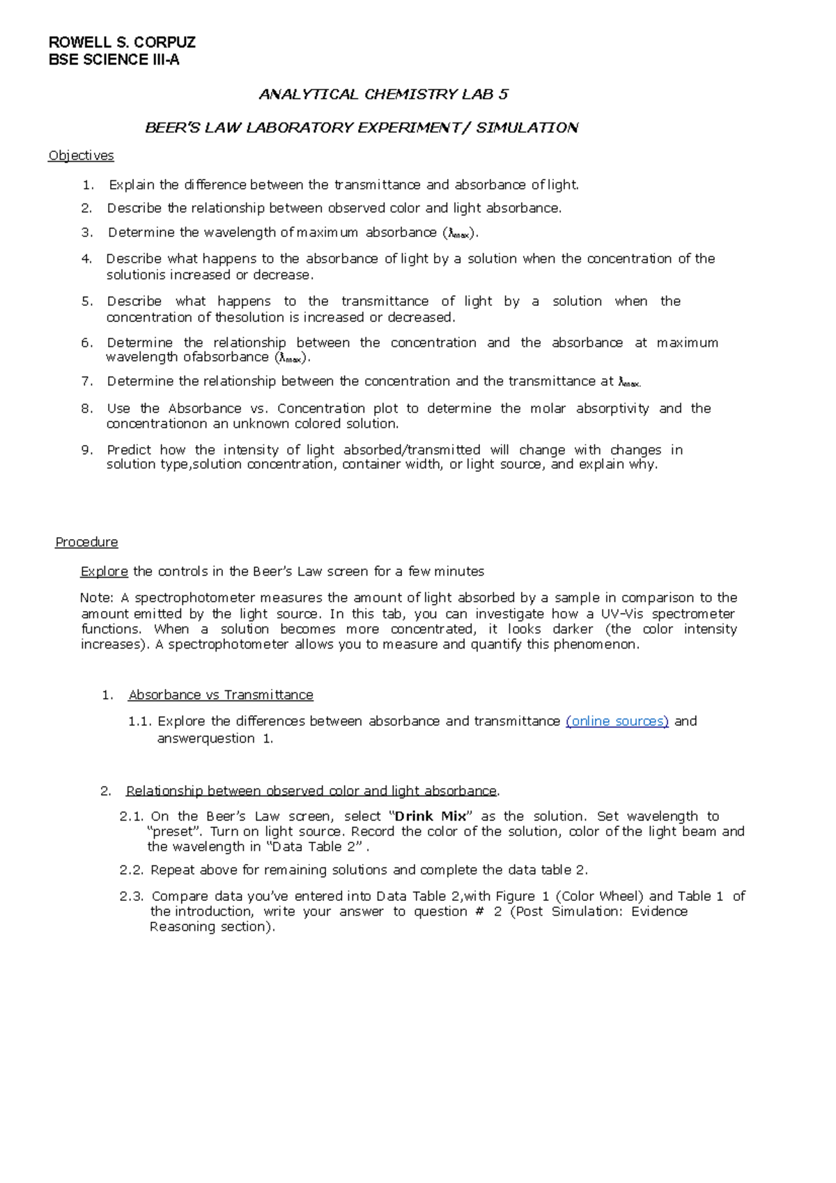 Beers LAW Laboratory - BSE SCIENCE III-A ANALYTICAL CHEMISTRY LAB 5 ...