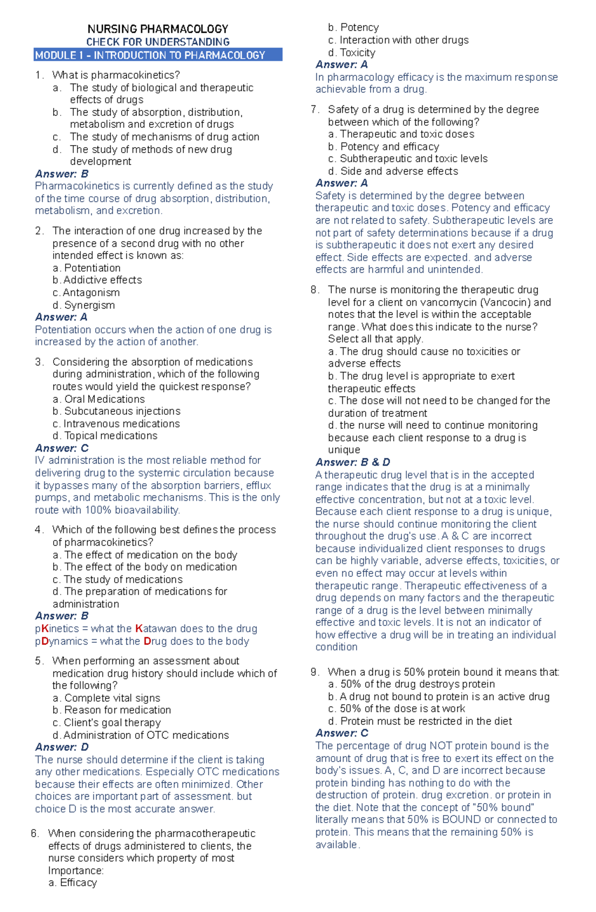 Nursing Pharmacology - CFU P1 - NURSING PHARMACOLOGY CHECK FOR ...